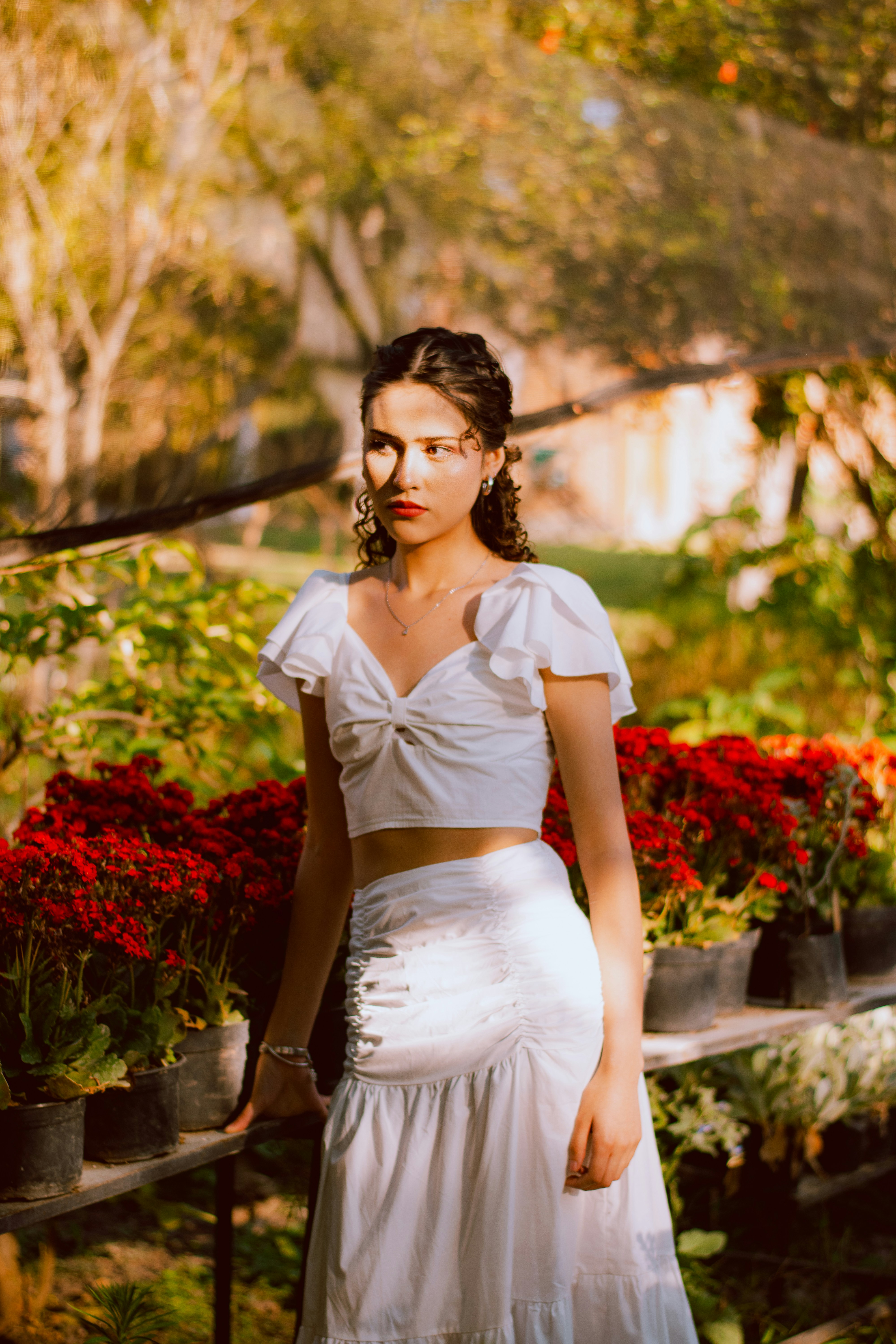 Sunlit White Dress in a Garden of Red Blooms