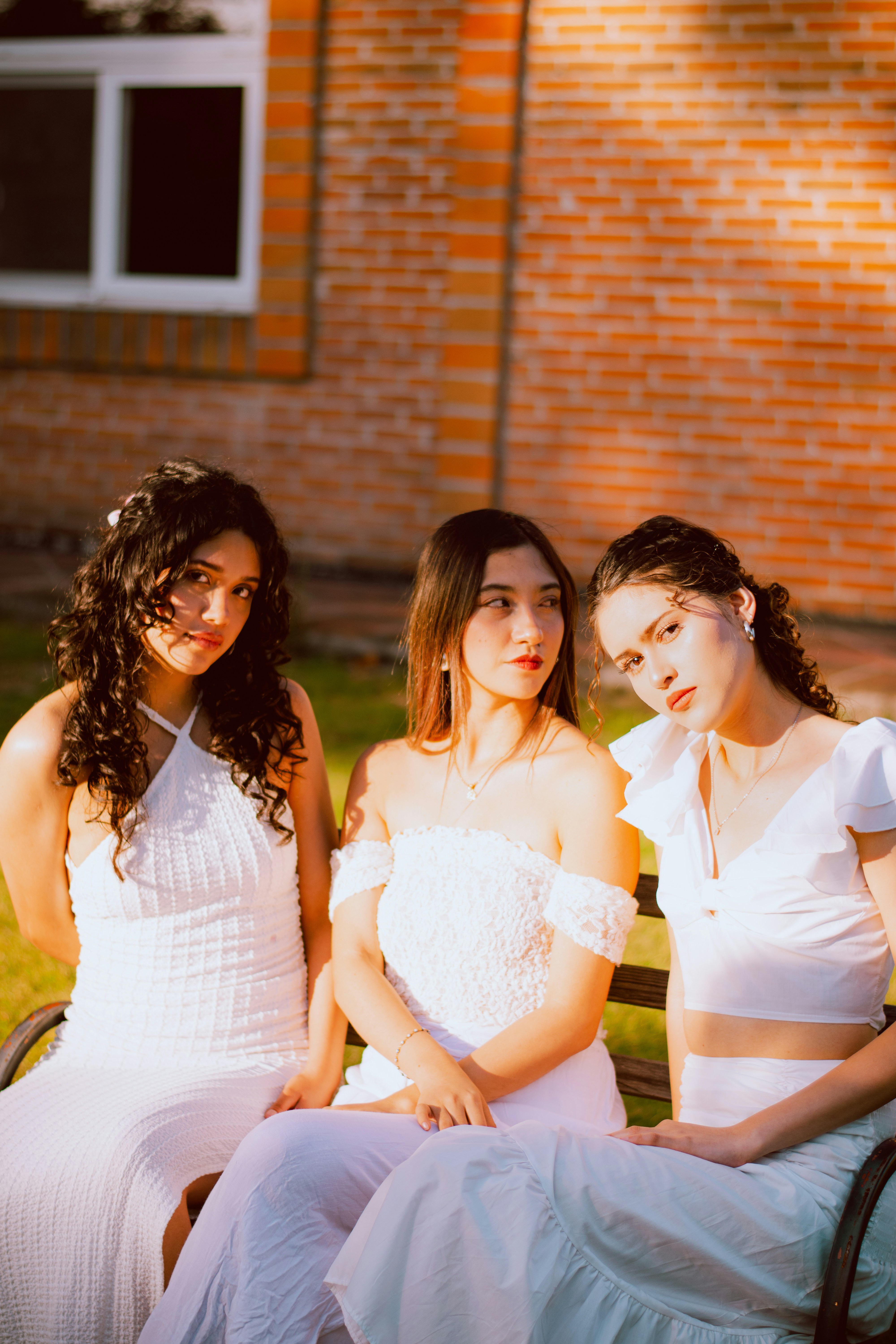 Three Friends in Evening Light on a Warm Brick Terrace