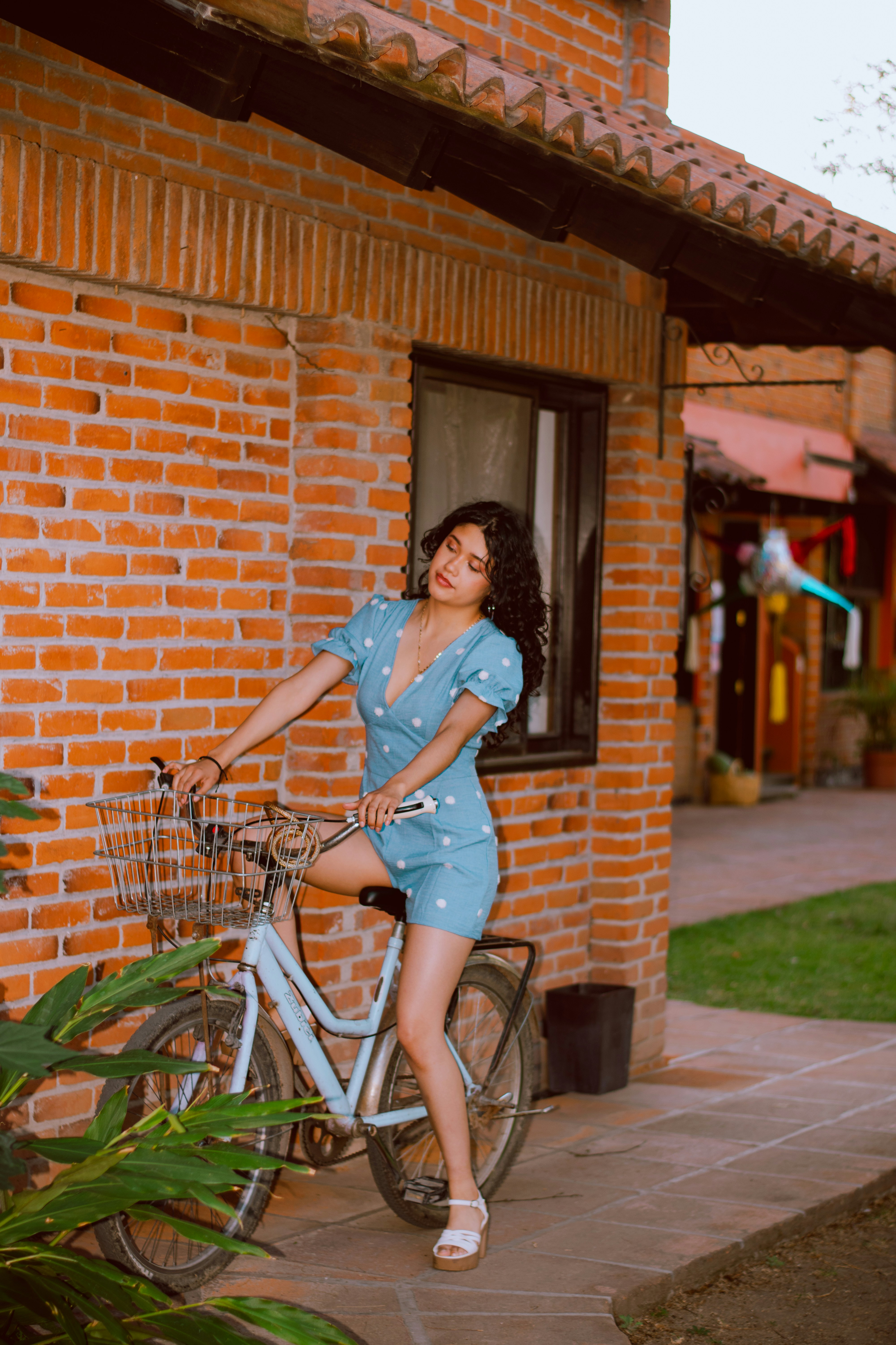 Blue Romantics by the Brick Wall: A Quiet Bicycle Moment