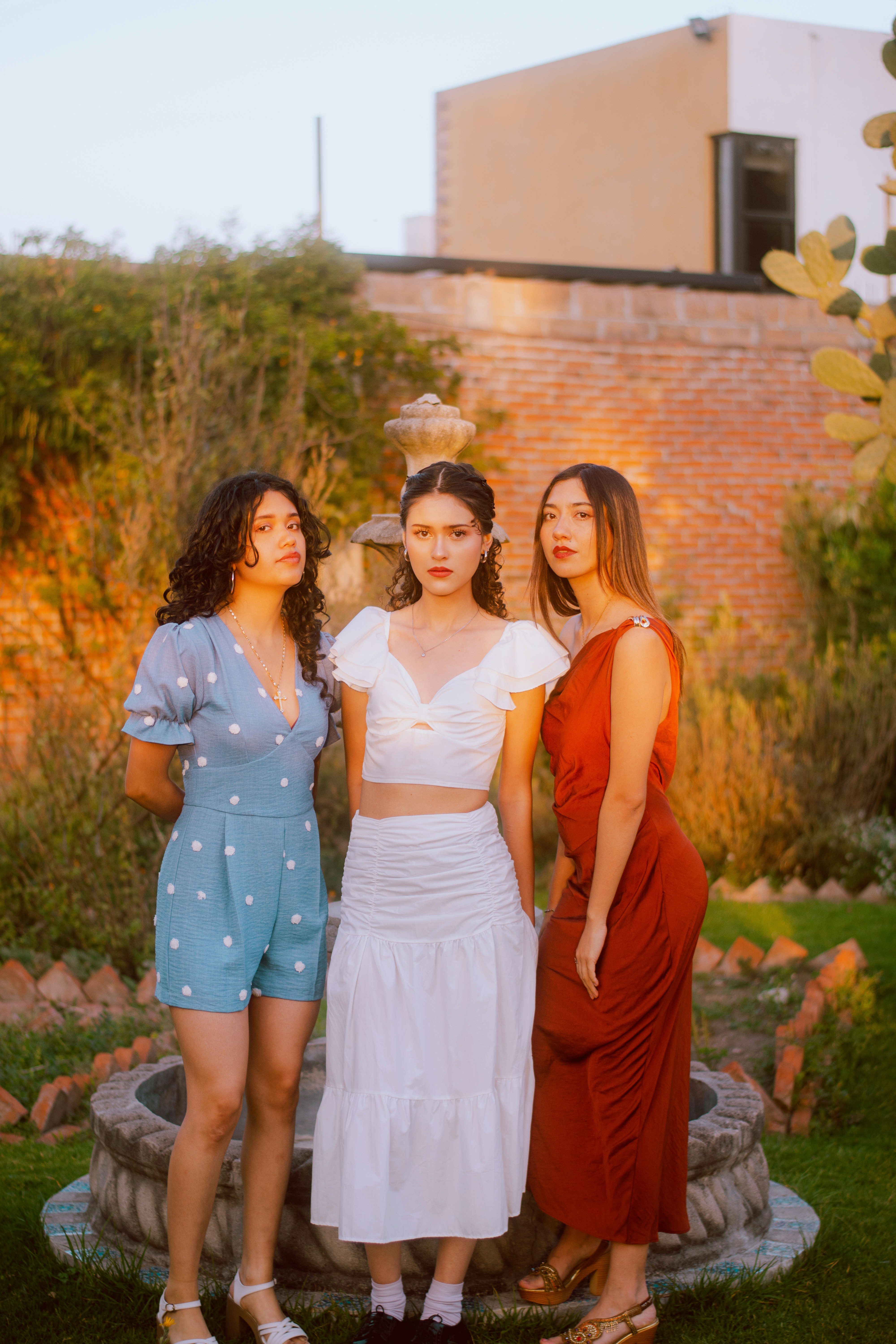 Sunlit trio in garden: pastel-blue, white, and rust on a warm afternoon