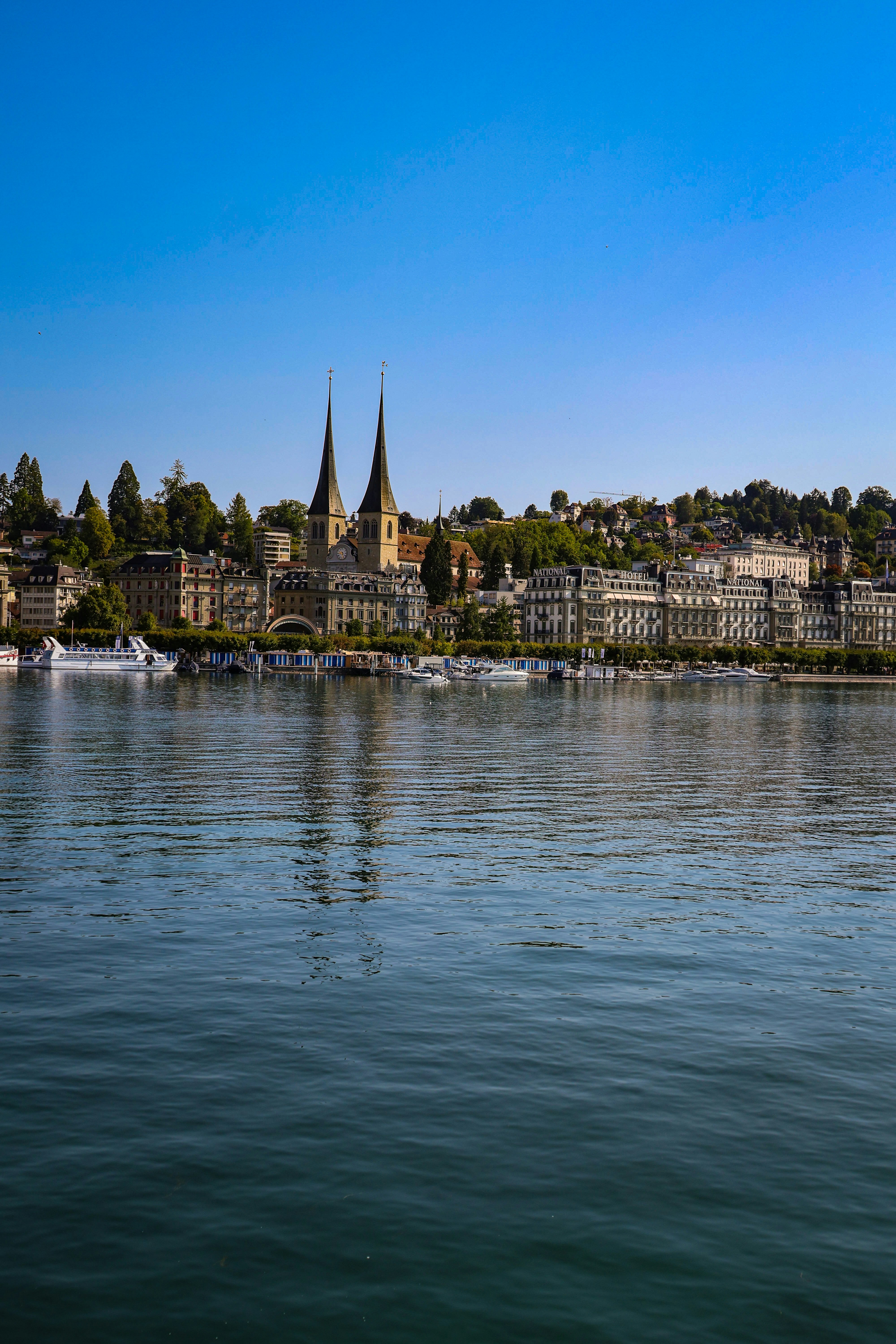 Twin Spires over the Rhone: A Swiss-Lake Vista at Dusk