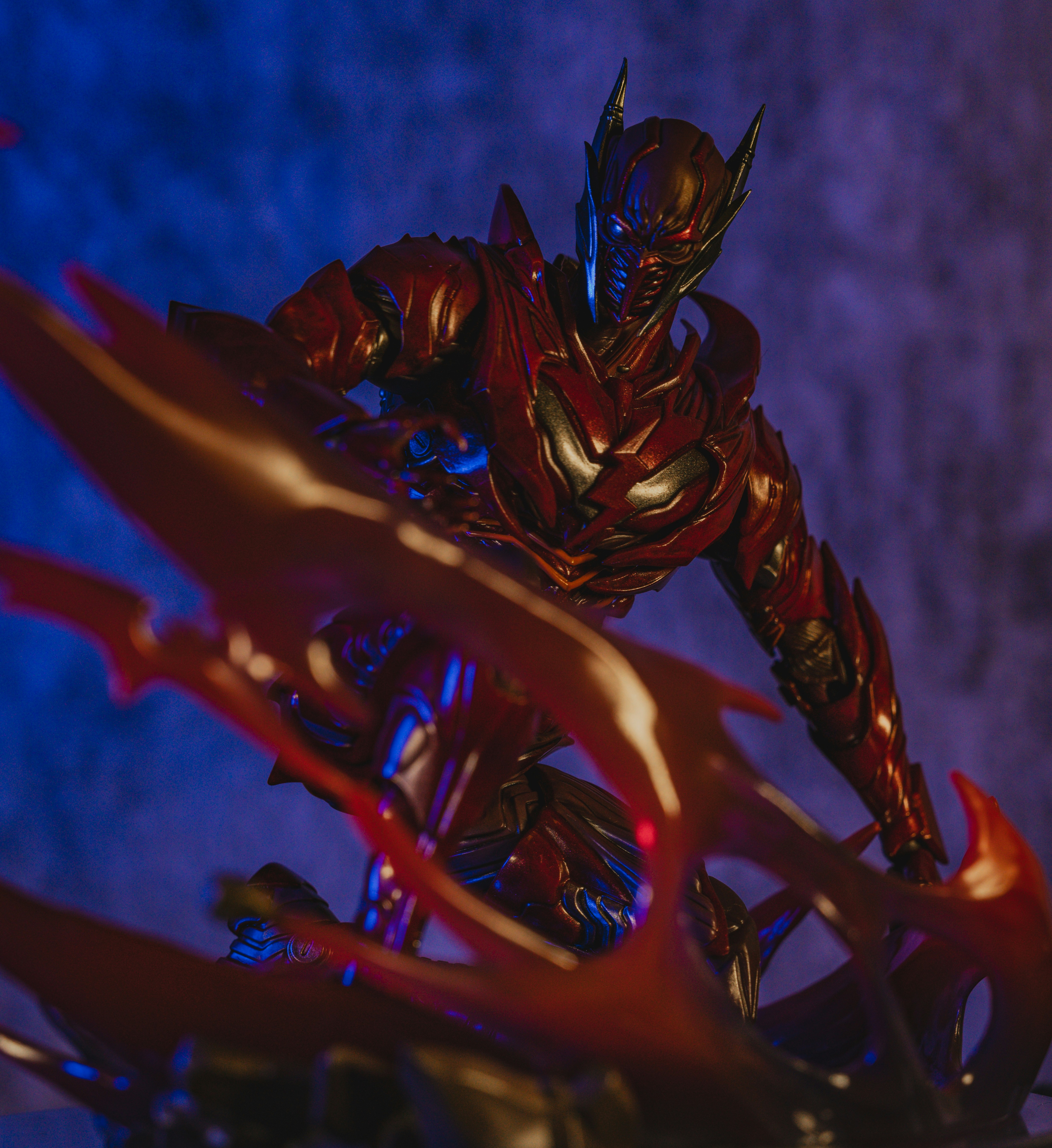 Crimson Knight Overdrive: A Dynamic Clash in Dim Blue Flame
