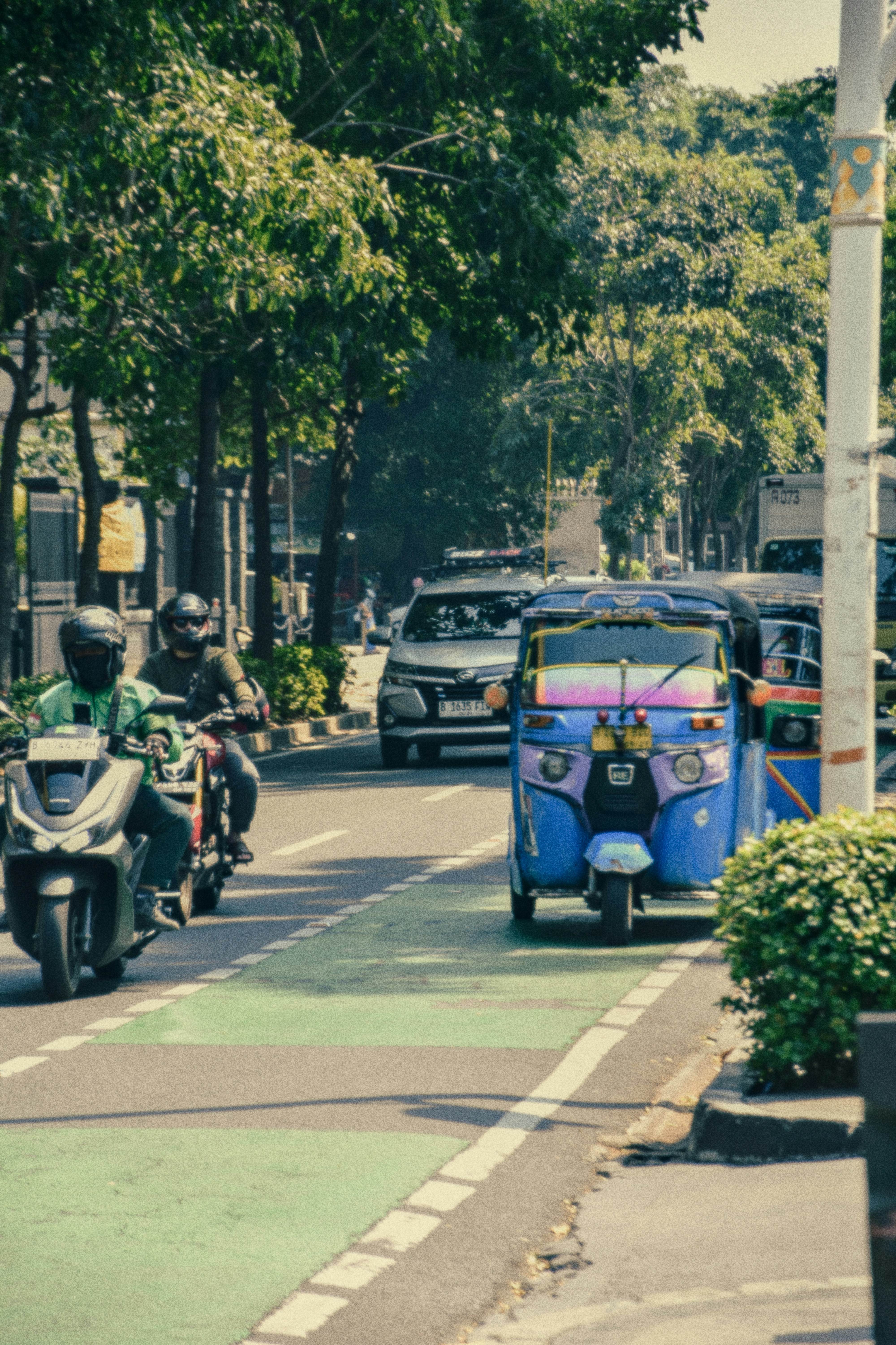 Colorful Tuk-Tuk Conductor Braced by Green Street Calm