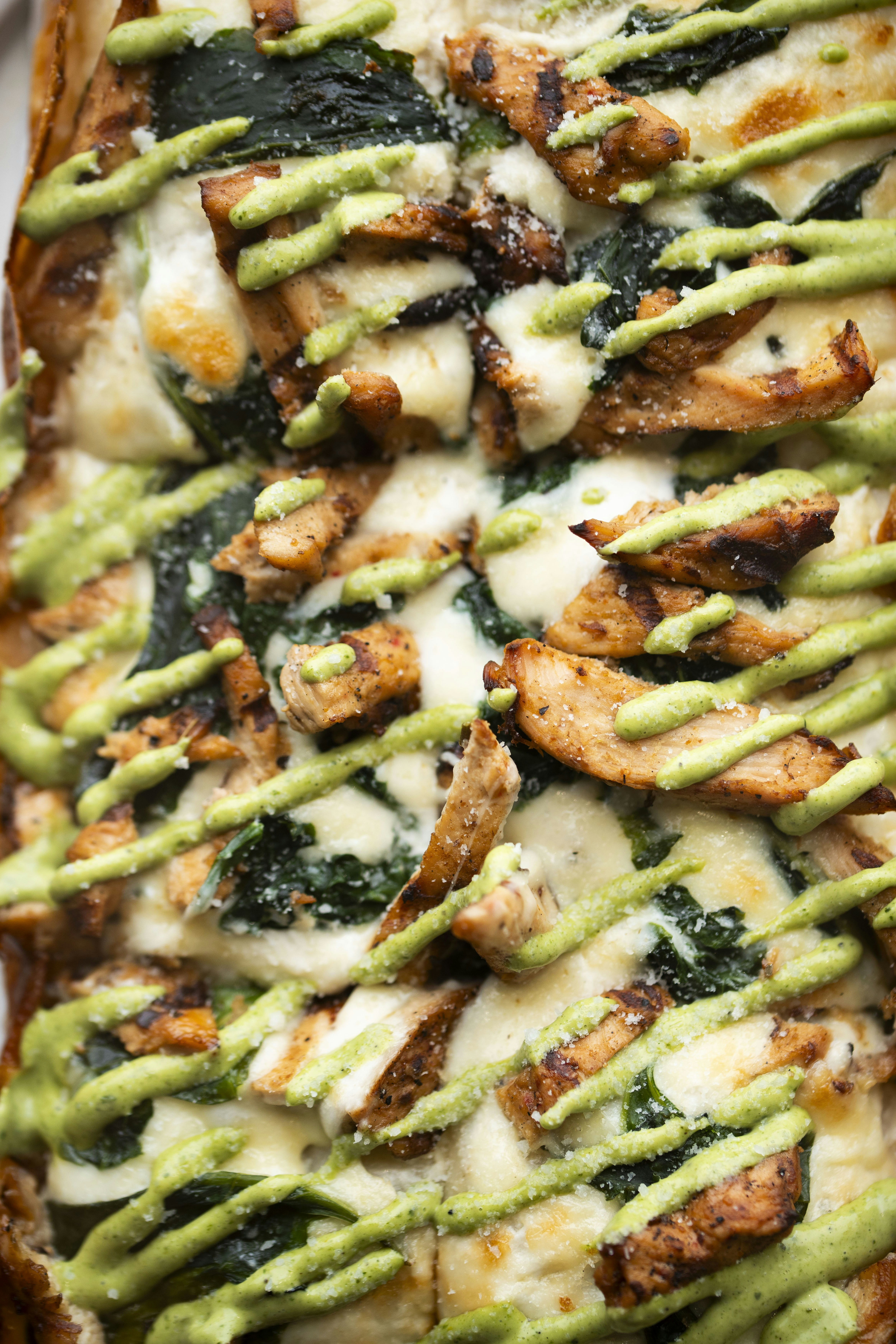 Charred Chicken and Kale Pizza Drizzle