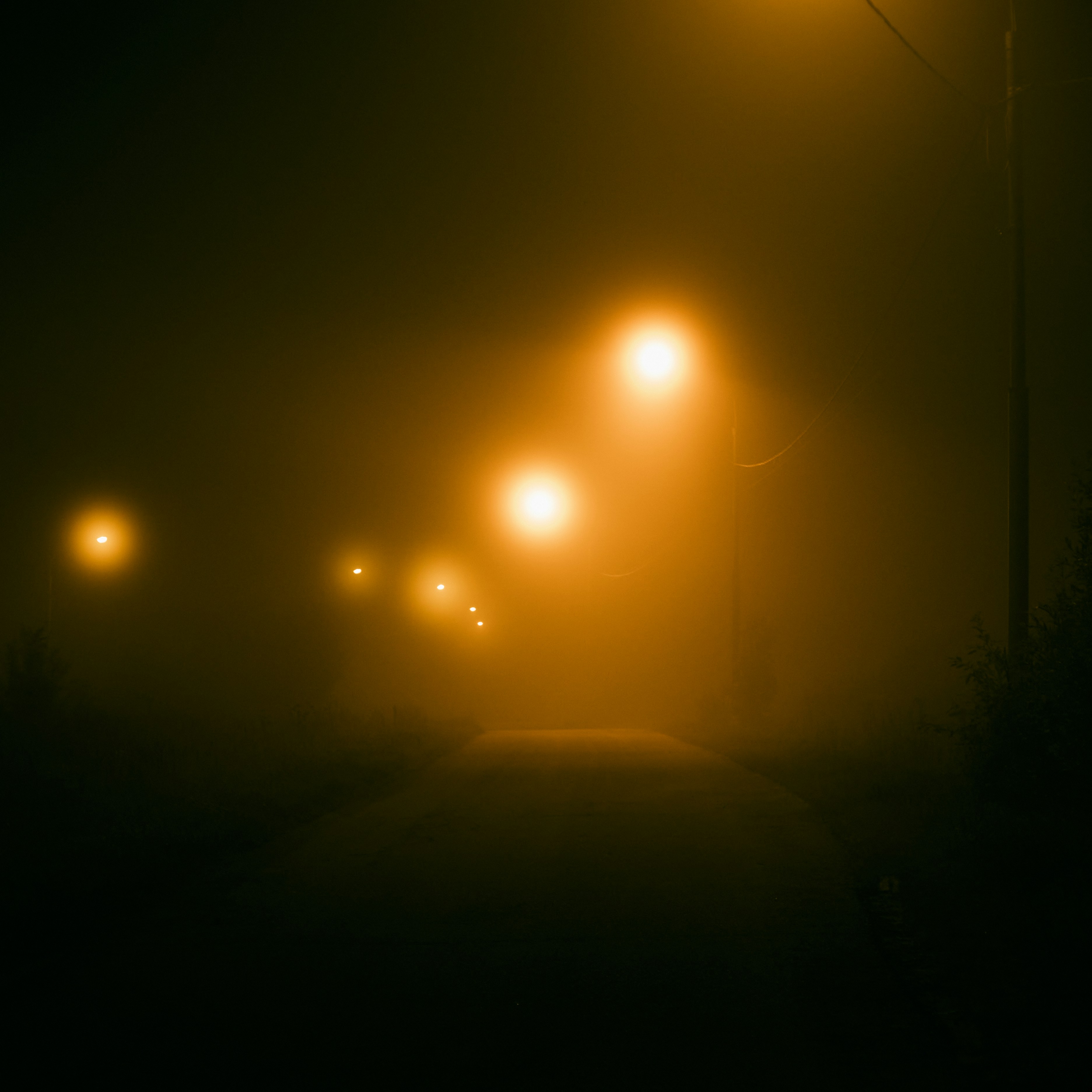 Orange Fog on Quiet Street: Streetlights Reign in Mist