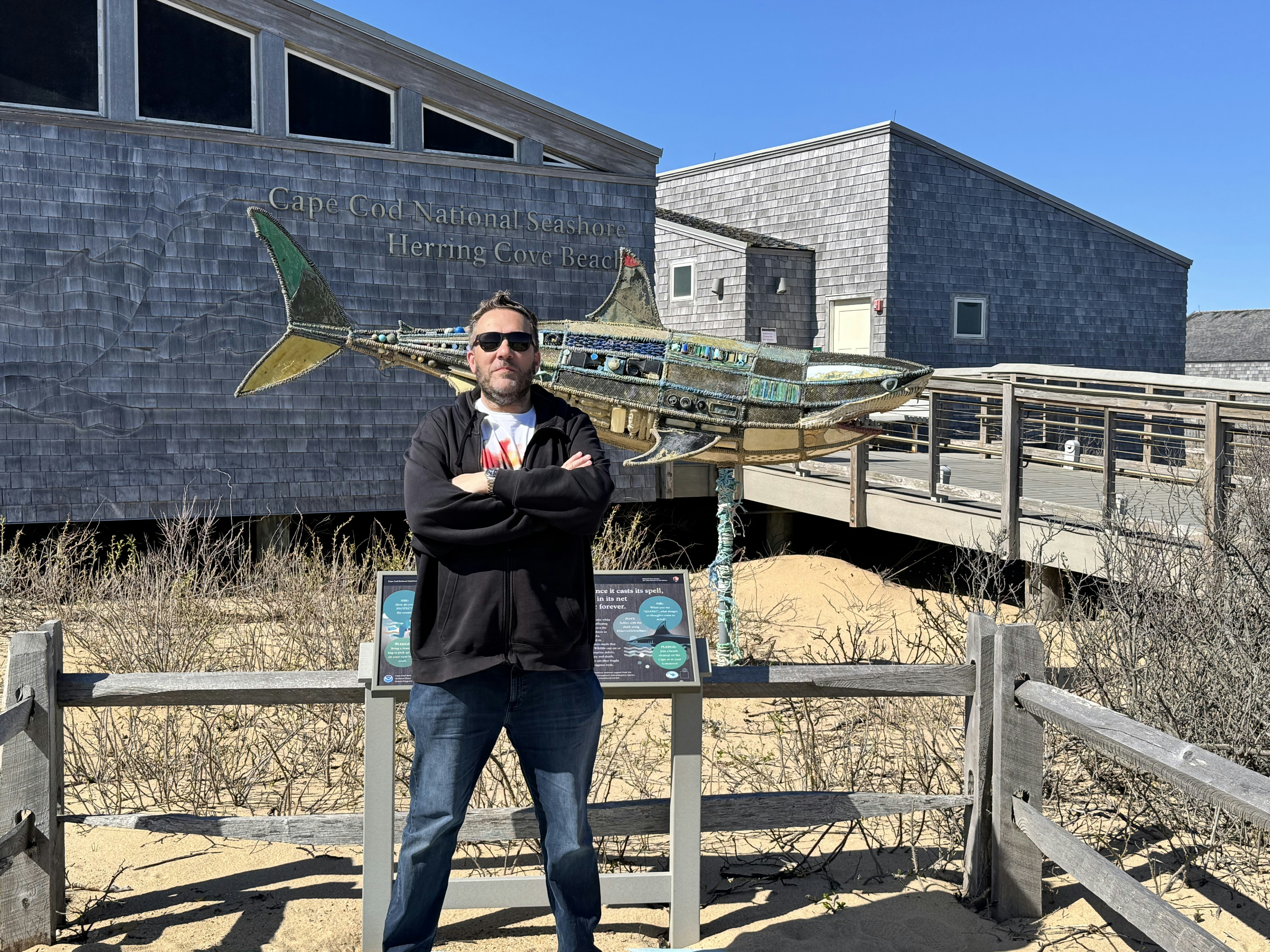 Portrait in front of the Cape Cod Gallery Mako Shark Sculpture