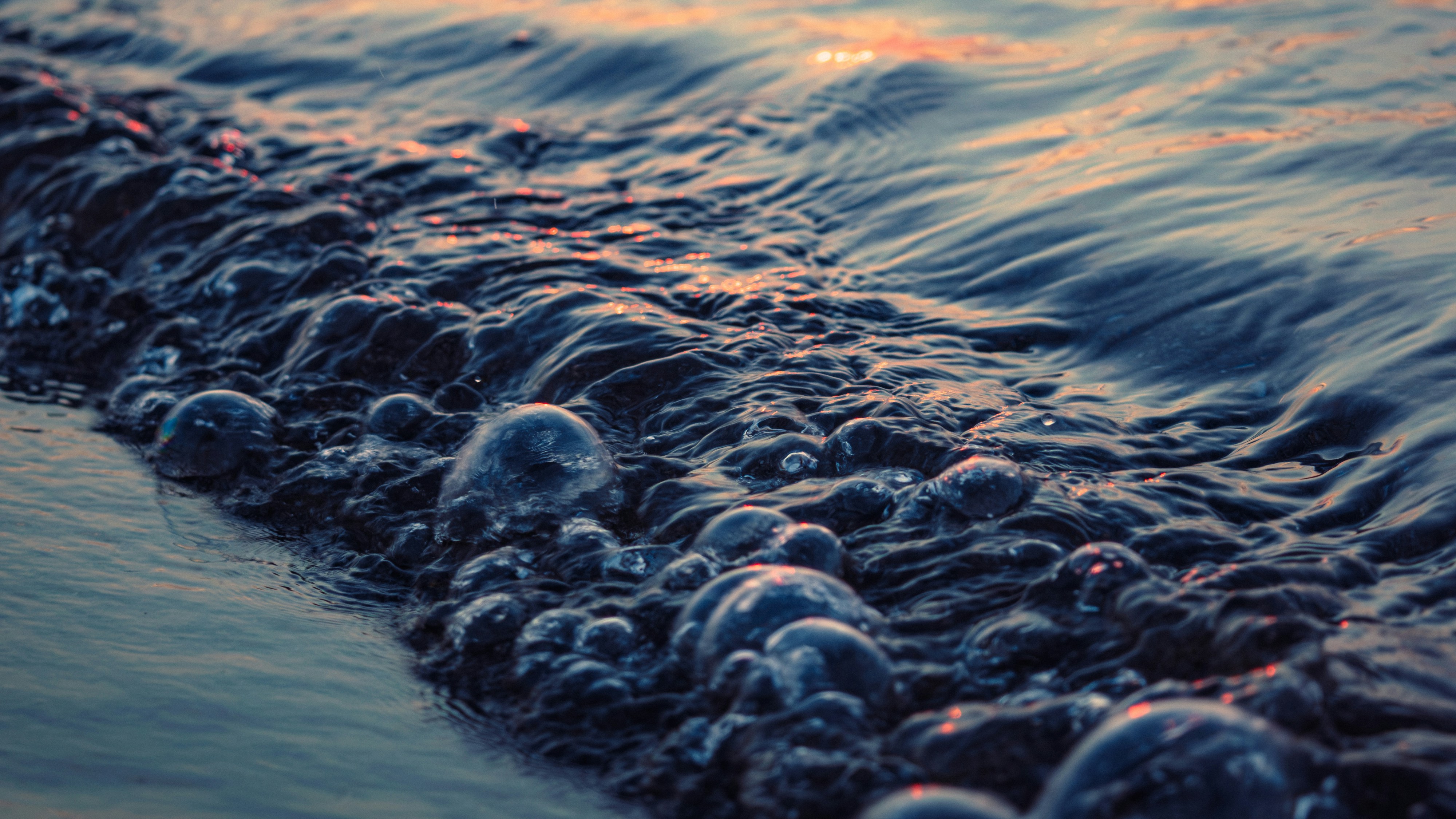 Bubbles in blue-glinted shoreline surf at dusk