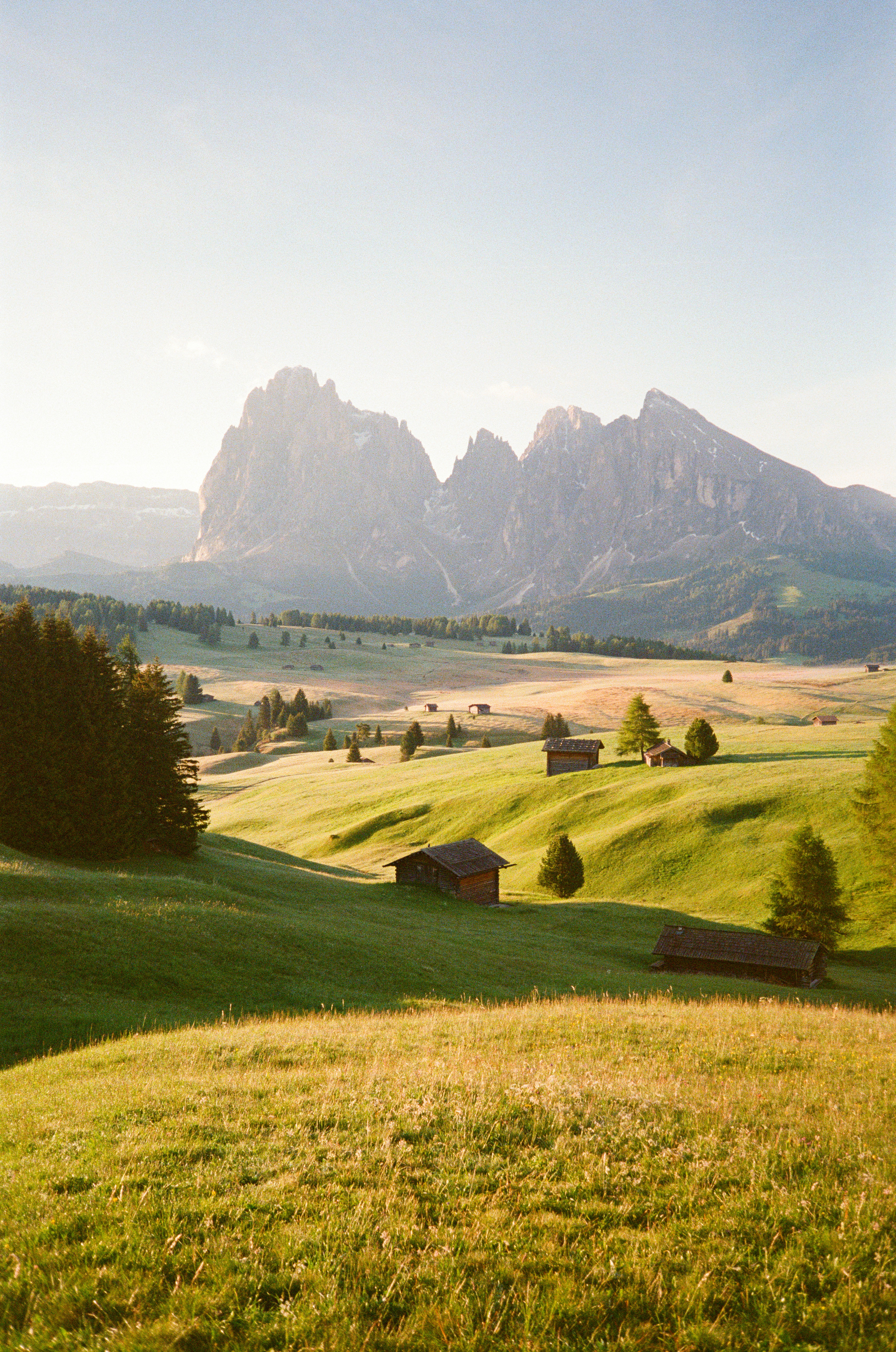 Sunrise over the alps rolling meadows on film