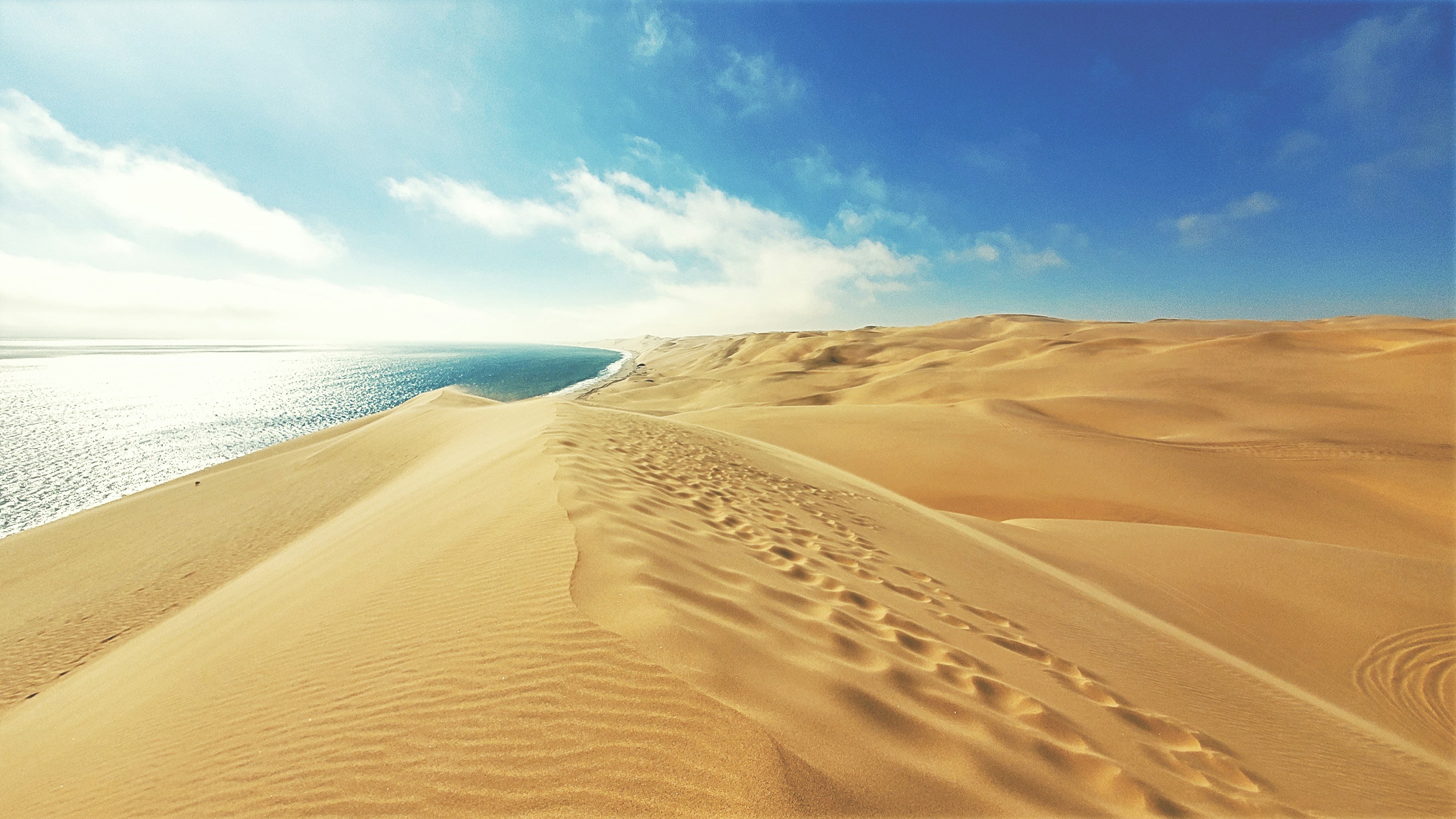 Golden dunes run toward the sea with a bright sky above, emphasizing vastness and wind-sculpted textures.
