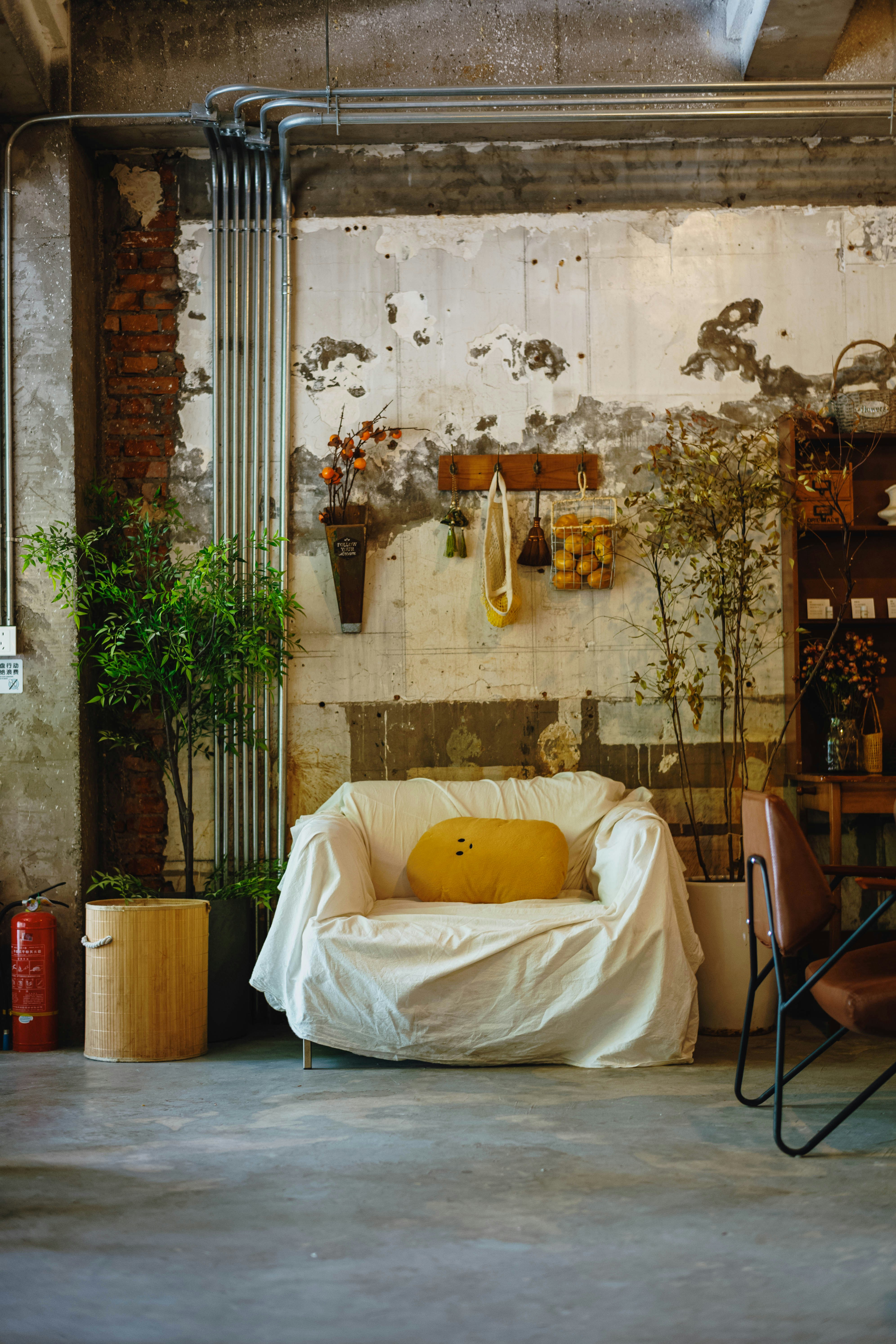 White sofa with a yellow accent pillow sits against a distressed wall in an industrial-lodge interior, flanked by plants and wooden accents.