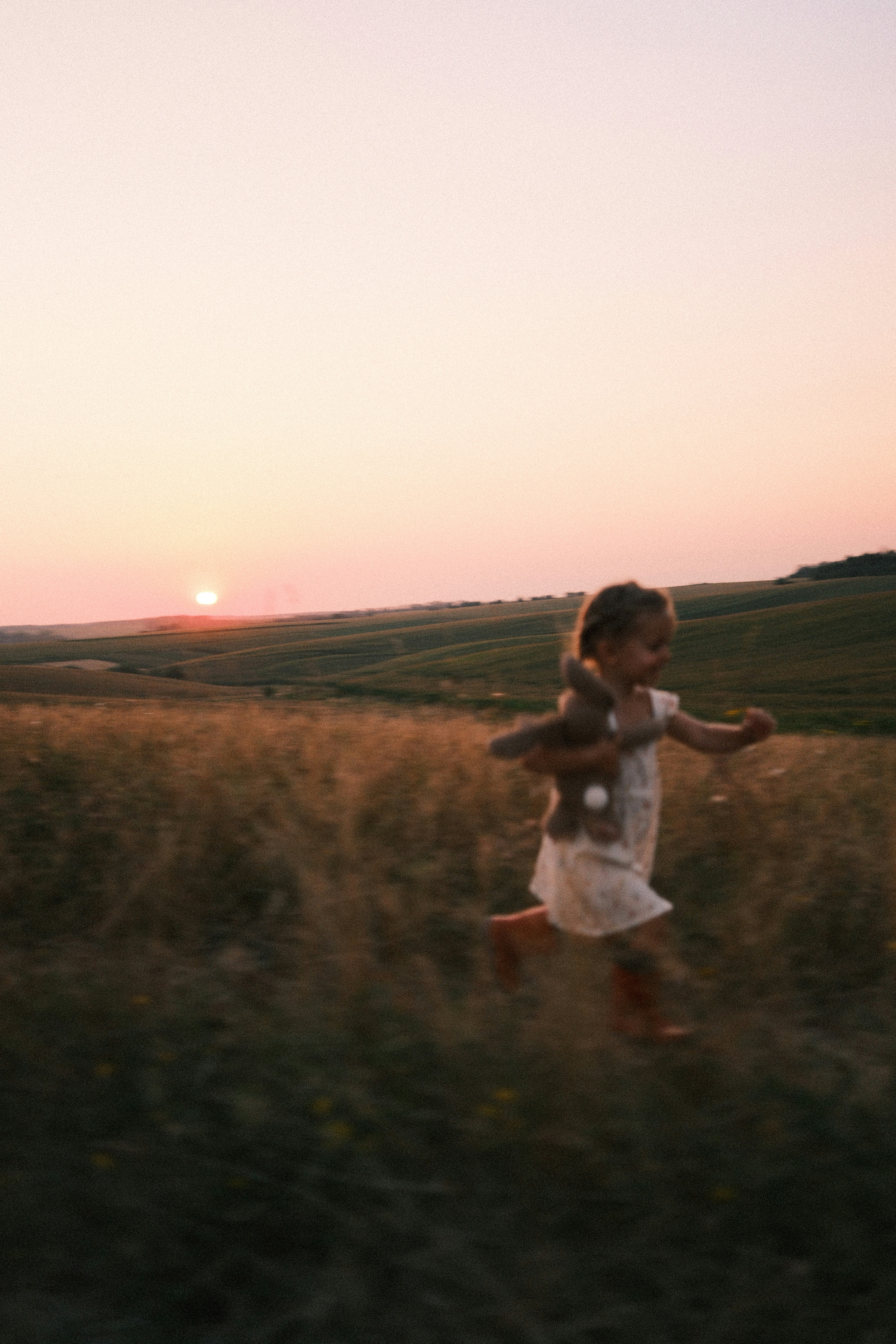 Sunset Run: A Child Chases a Plush Friend Across Golden Fields