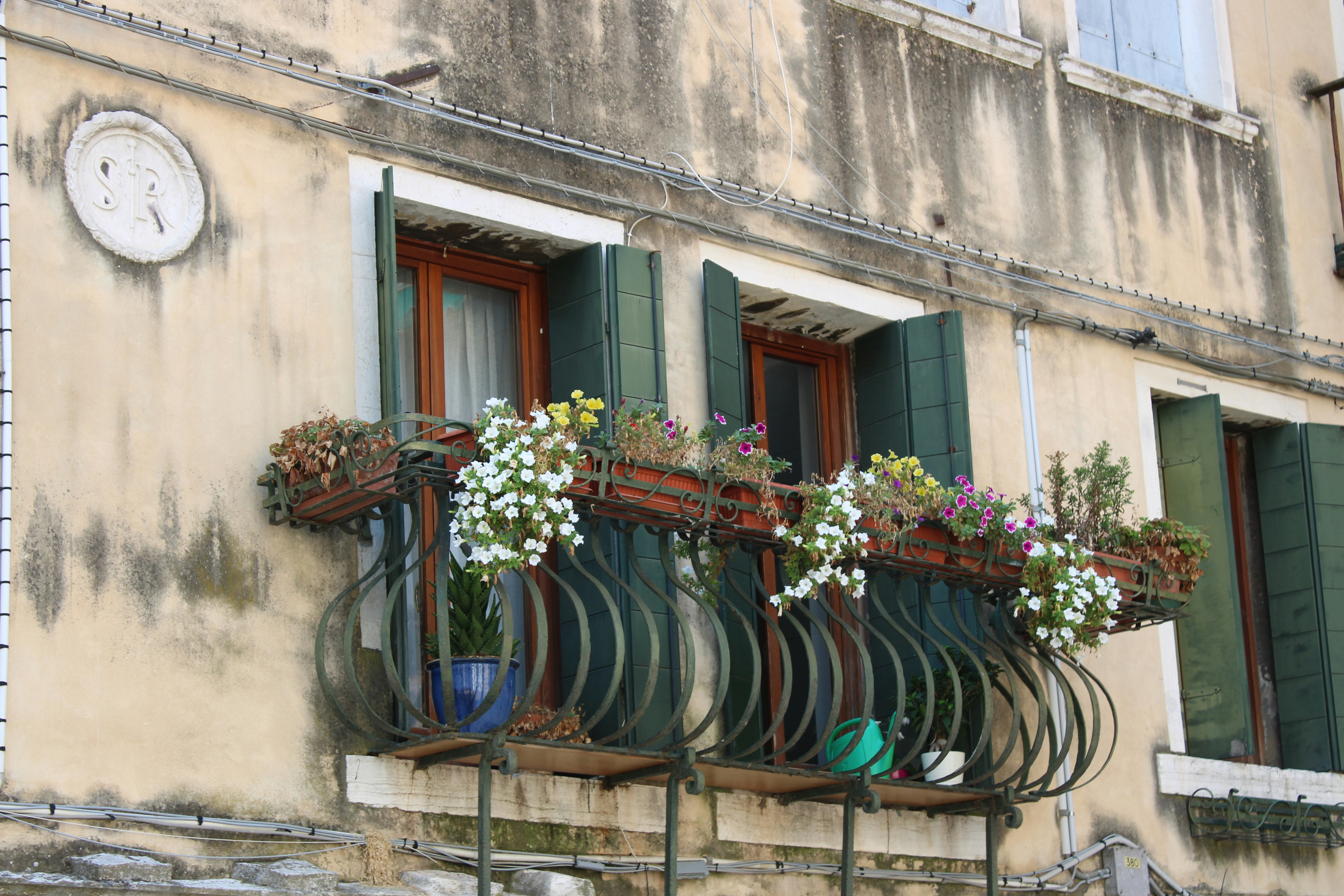 Balcony of Blooms: A Weathered Facade Framing Colorful Geraniums