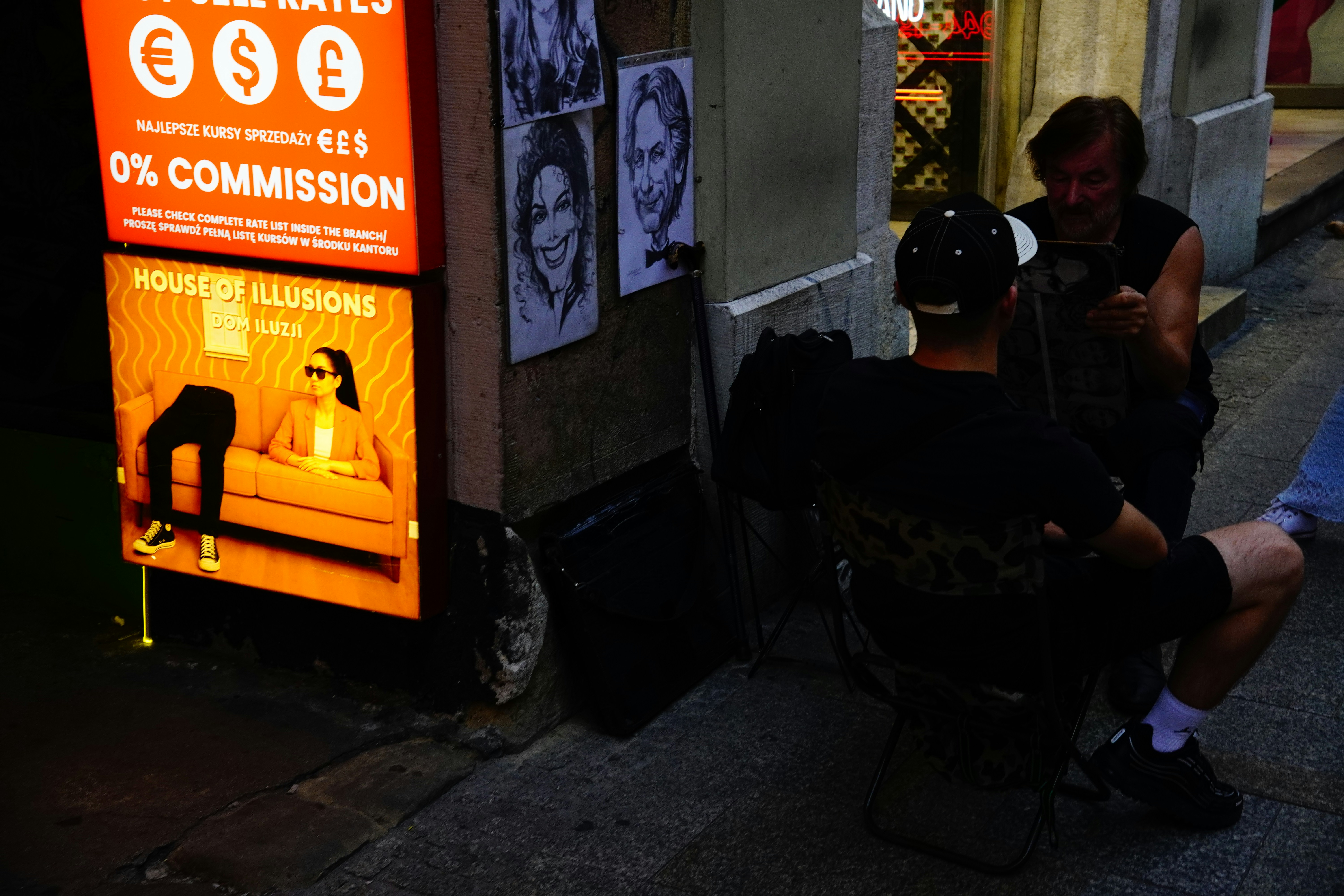 Neon Night Light and Quiet Conversation Outside a Curious Gallery