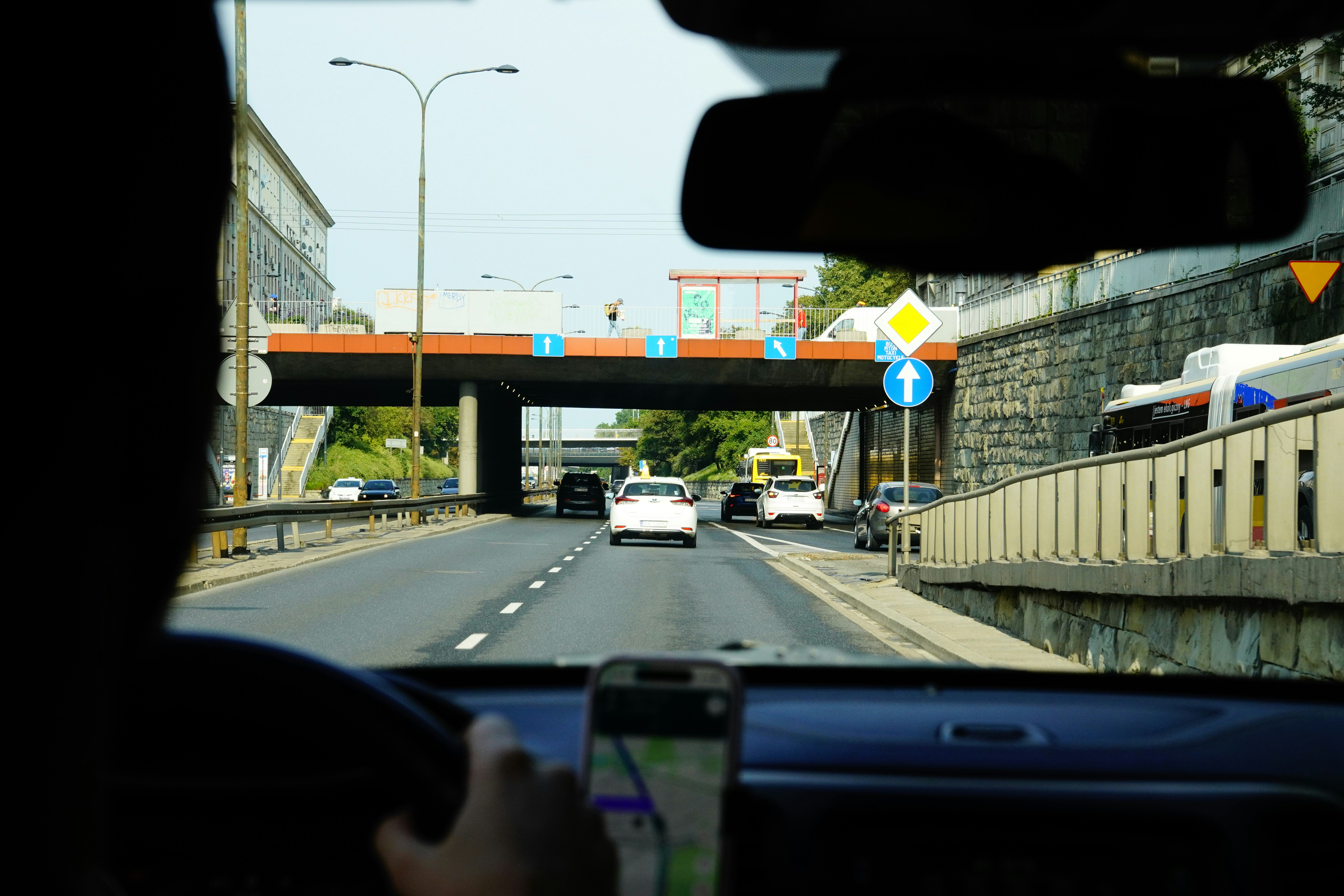 Driver’s View: Approaching an Urban Bridge in Morning Light