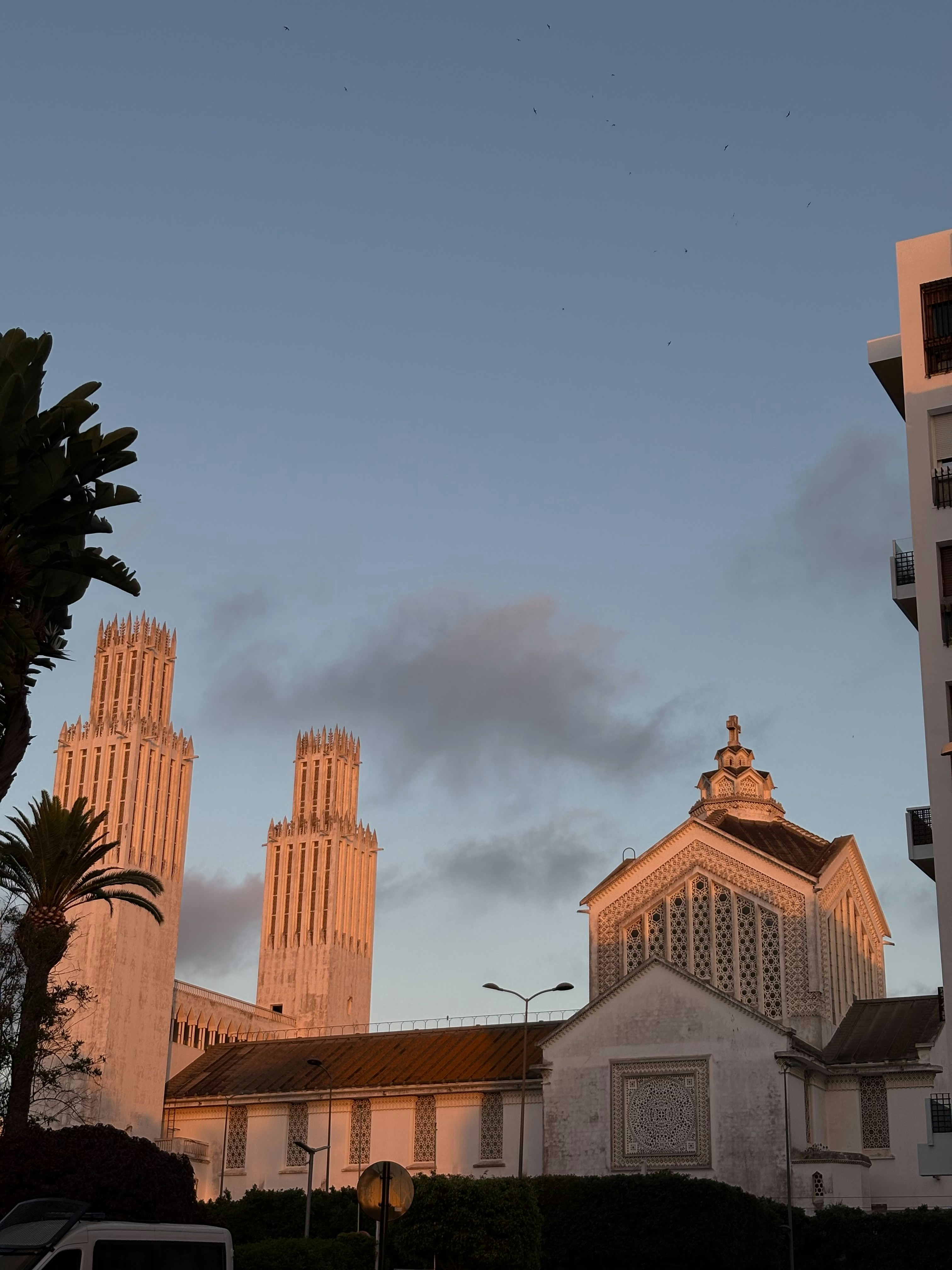 Sunlit Cathedral Facade amid Urban Silhouette