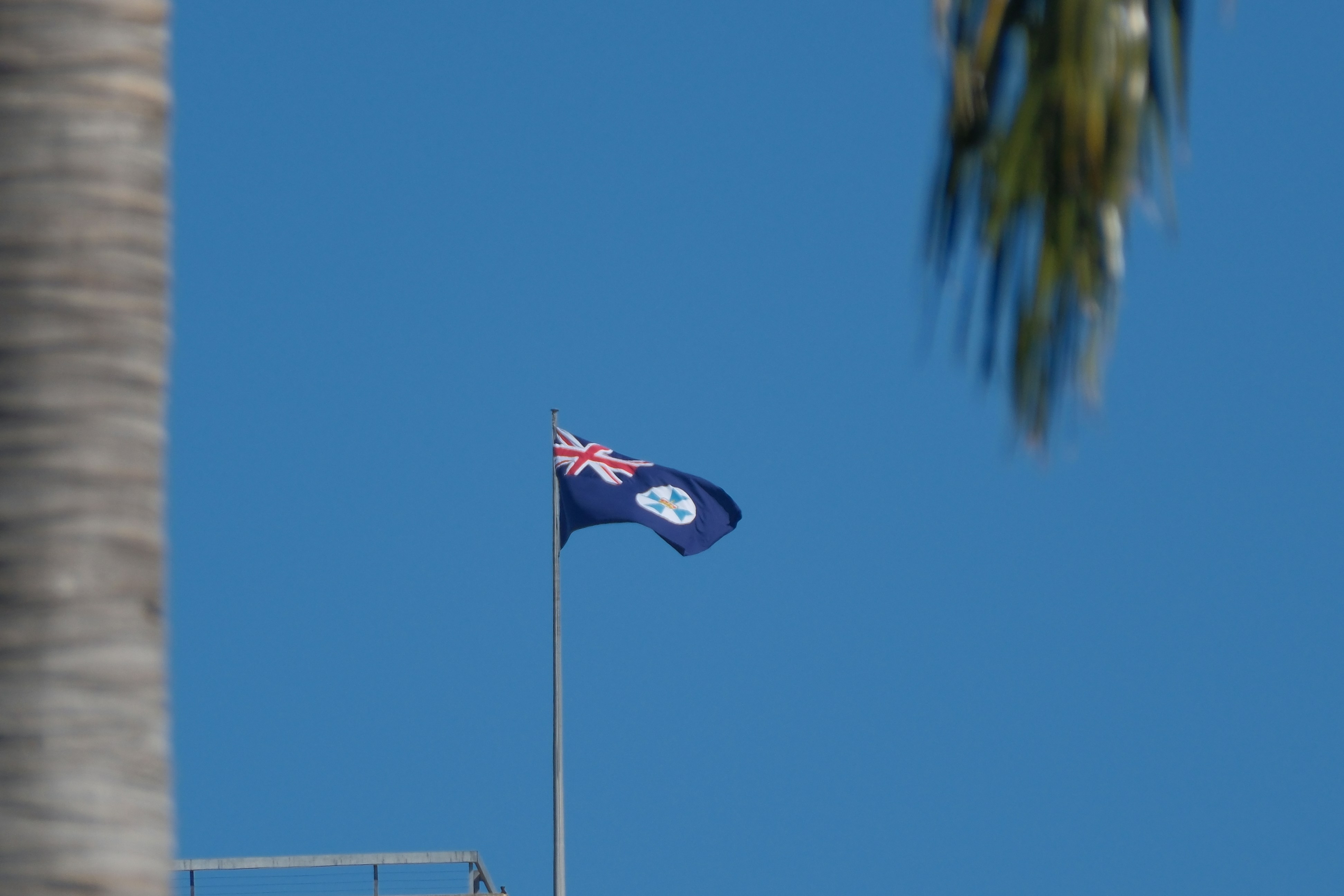 Flagpole with a blue flag set against a bright sky, flag fluttering near a palm-fringed edge; minimal foreground elements emphasize the flag as the focal point.