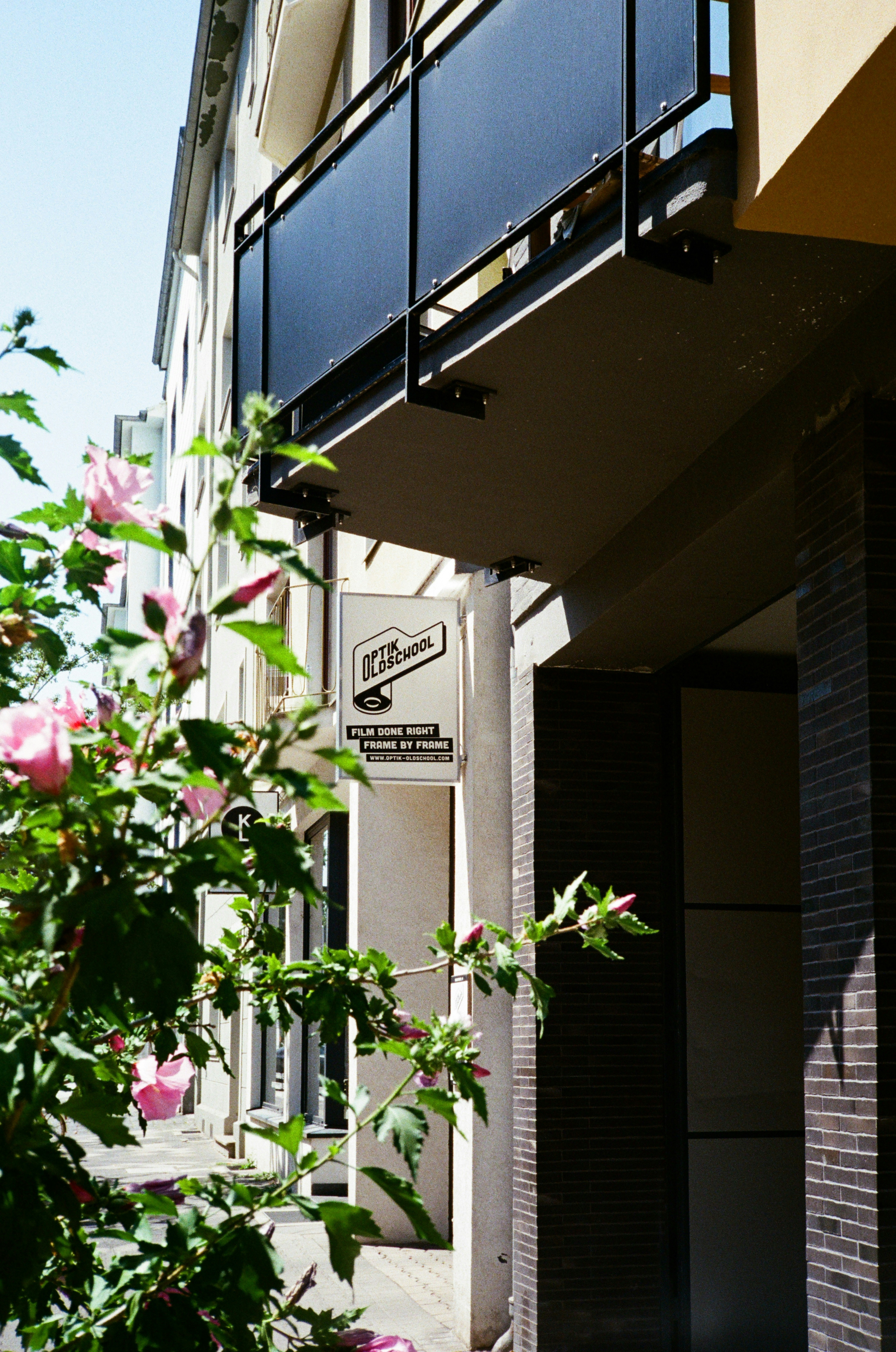 Bougainvillea blossoms frame a sunlit sidewalk beside a modern building; a sign for a school is visible along the facade, with architectural railings above. This is a photographic capture of an urban exterior scene.