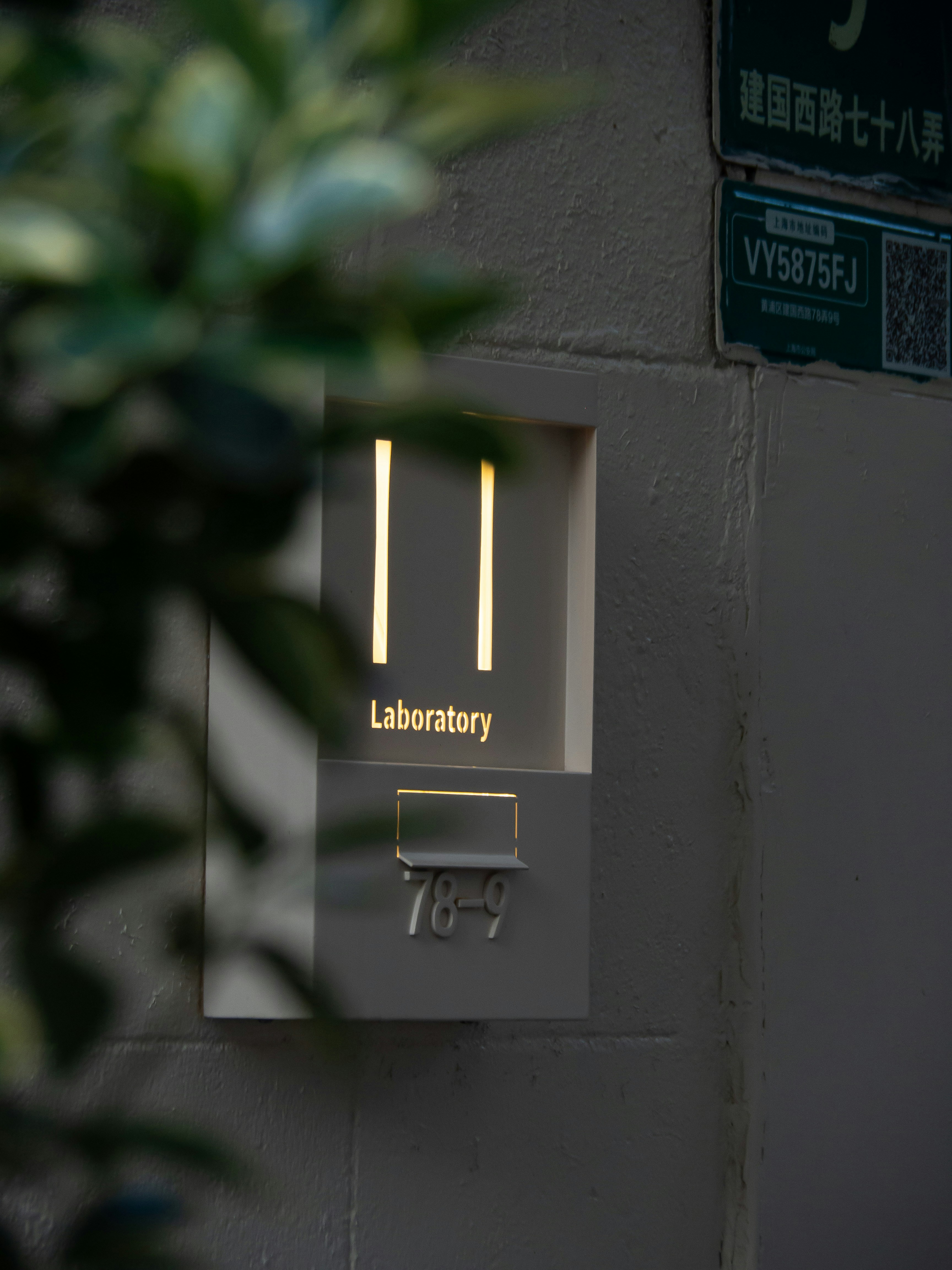 Gentle Light on a Laboratory Door in a Quiet Courtyard