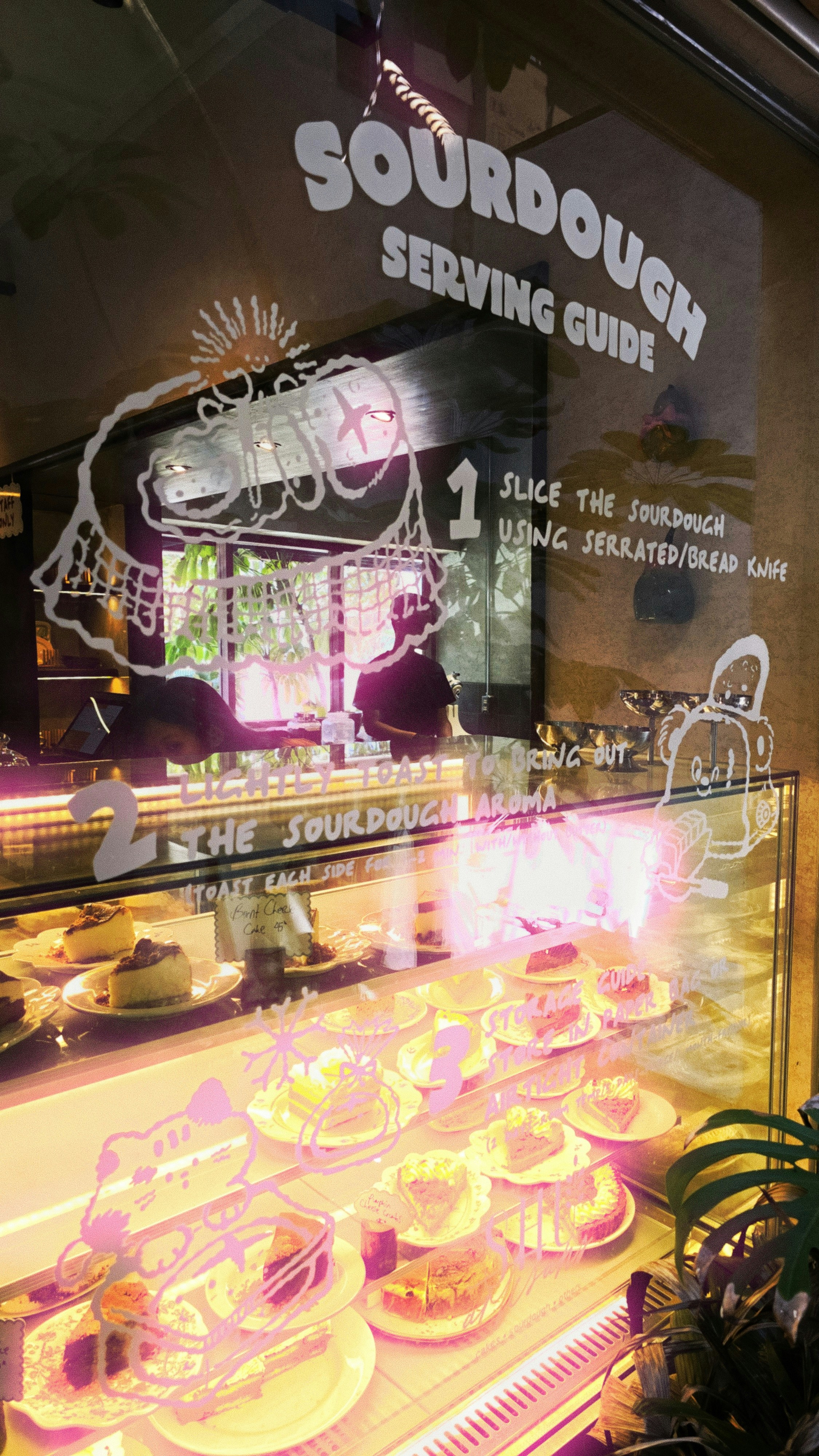 Glossy Pastries Under Neon Glass: A Bakery Window Kaleidoscope