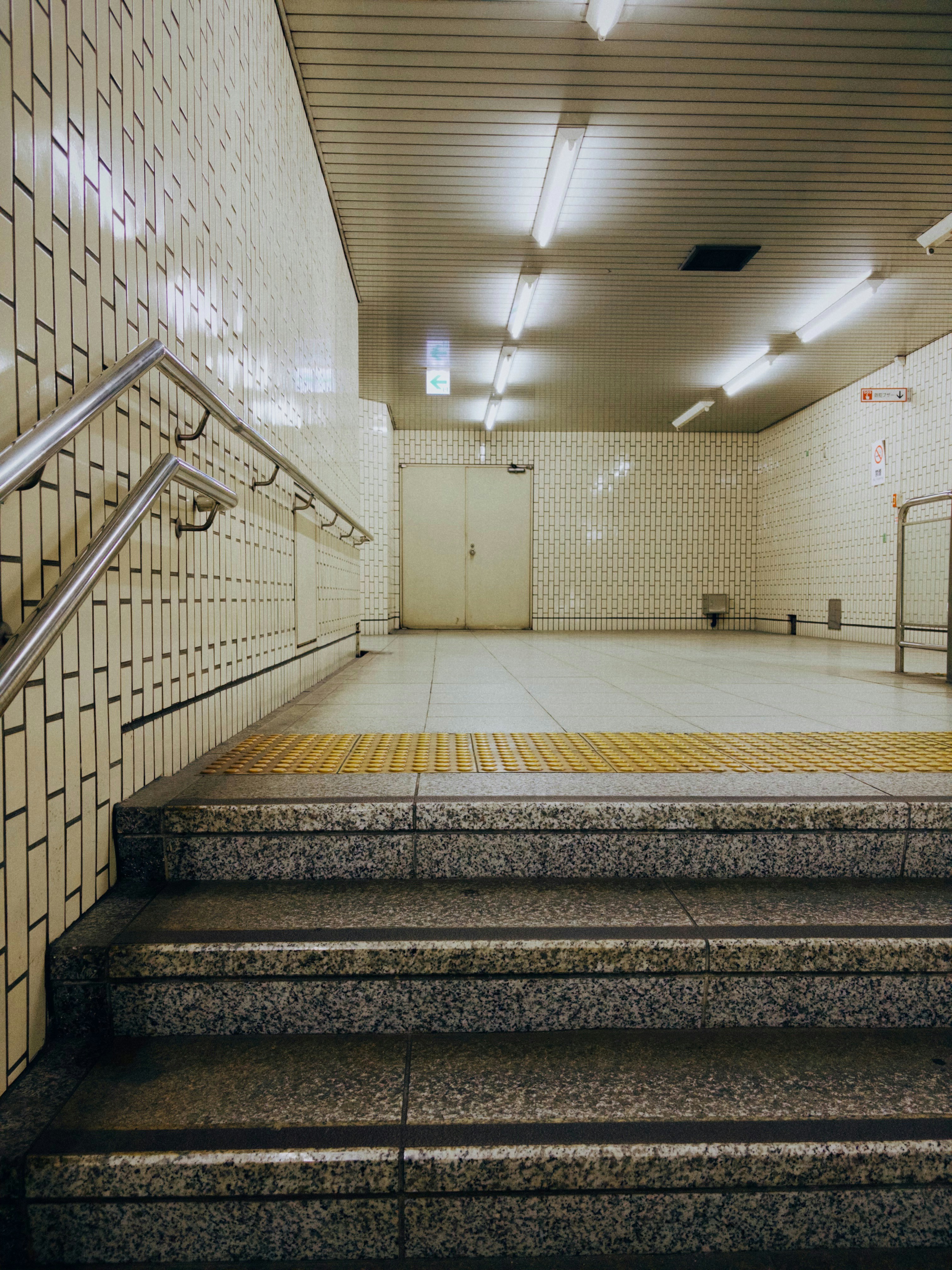 Desaturated Subway Ascent: Quiet Steps Toward the Door