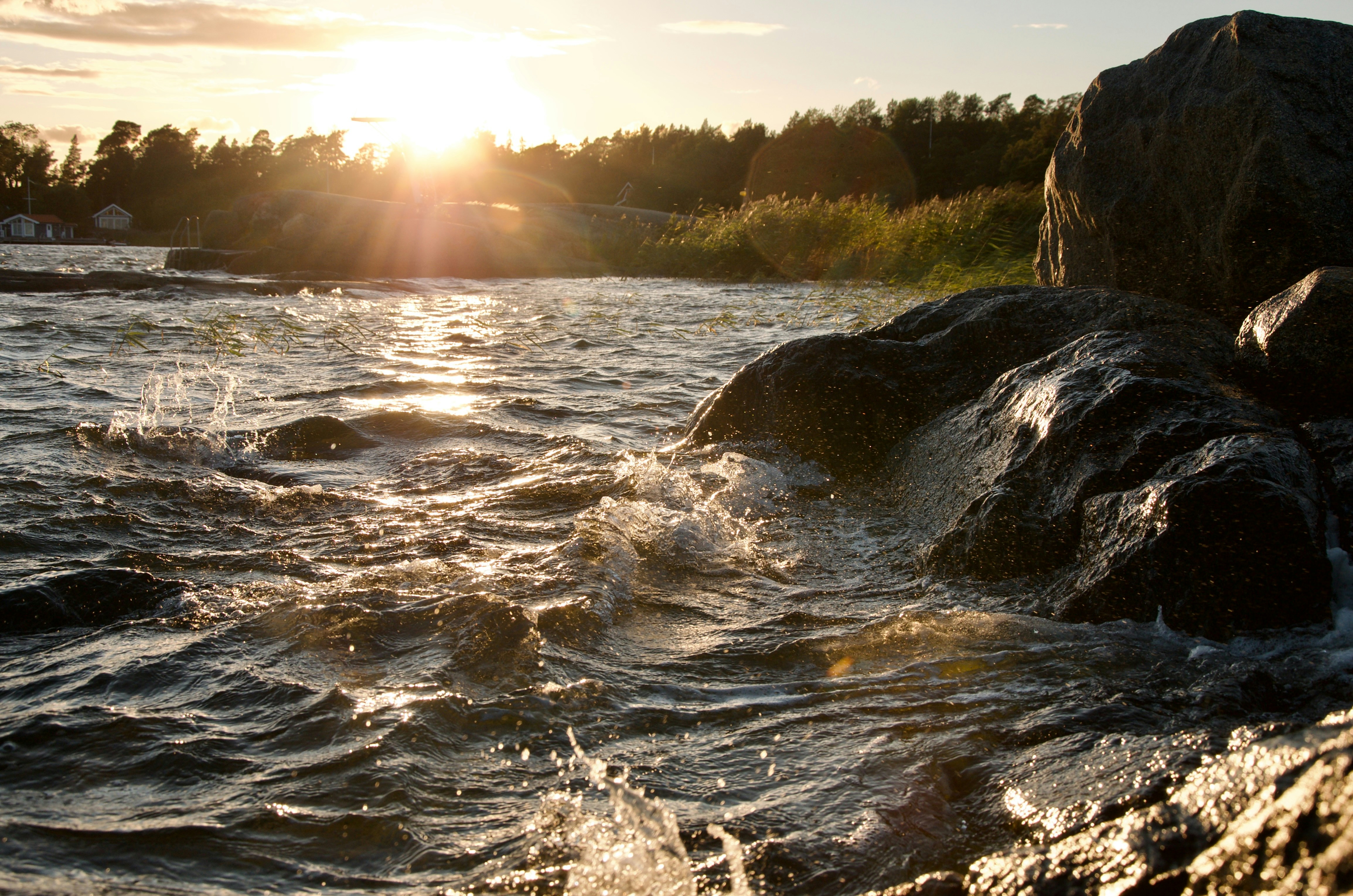 Golden sunset over choppy water crashes against dark rocks by the shore; a distant shoreline and trees outline the horizon.