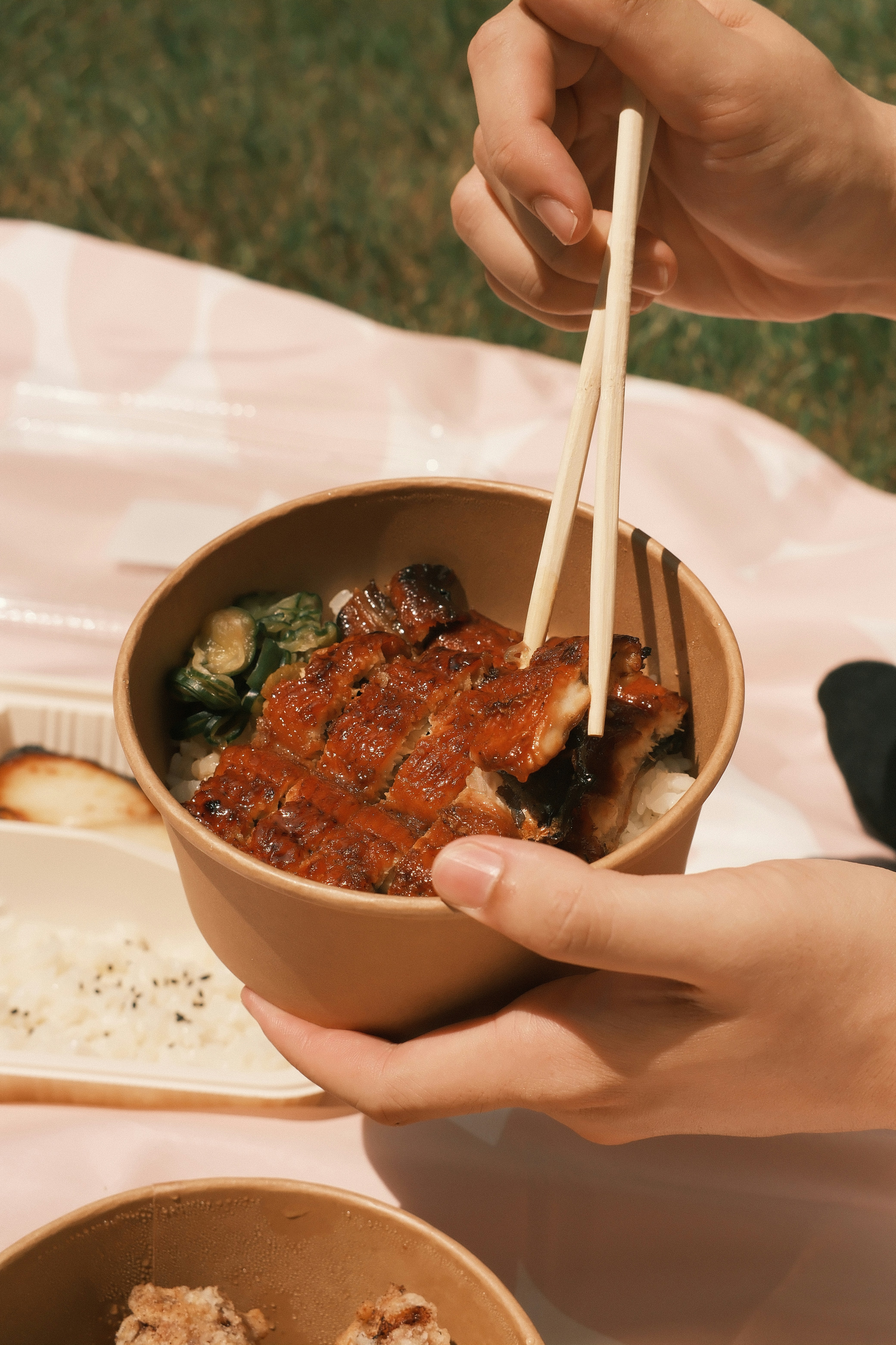 Bowl of glazed eel over rice, held with chopsticks at a sunny picnic