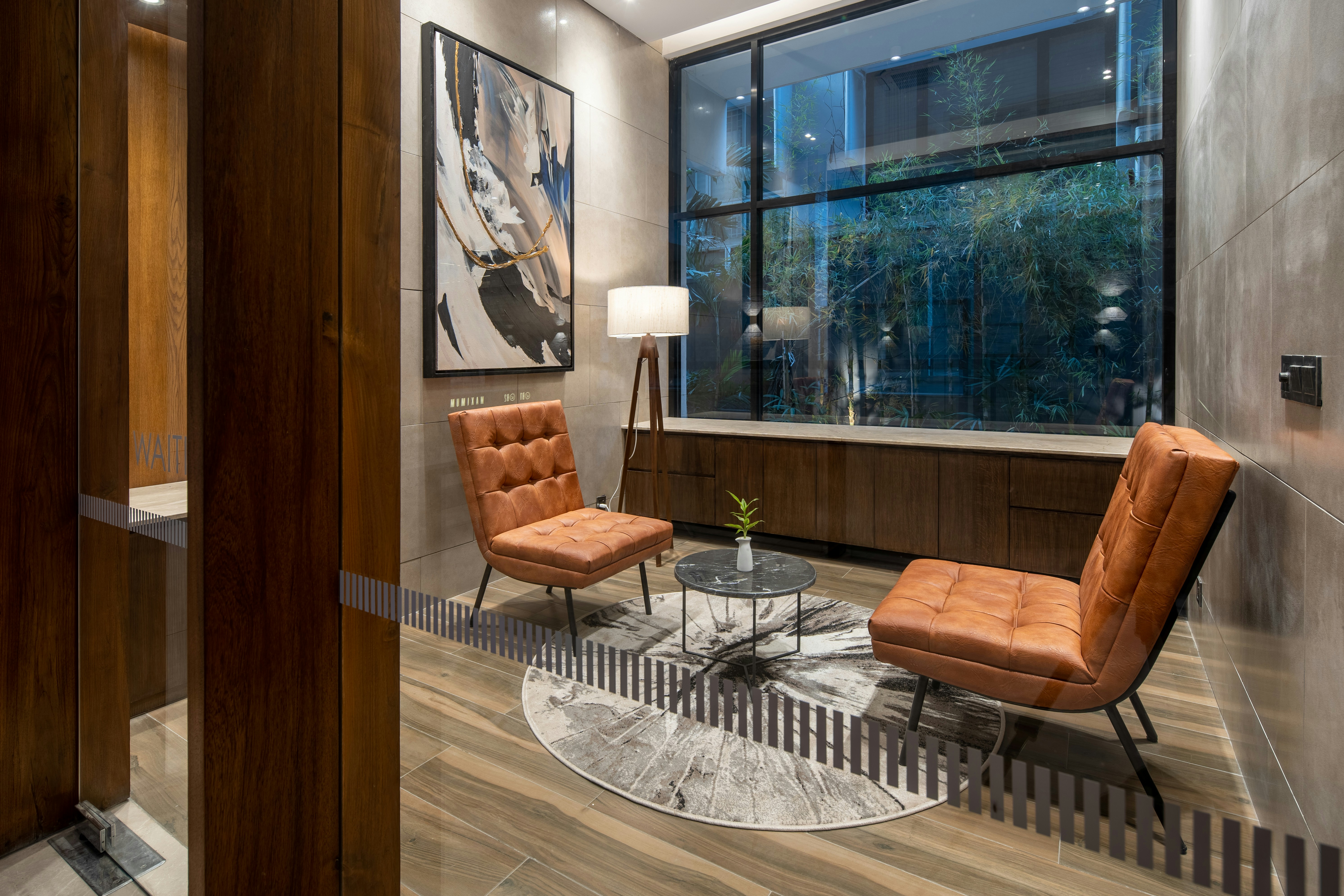 Midcentury Lounge Repose in a Glass-Encased Atrium
