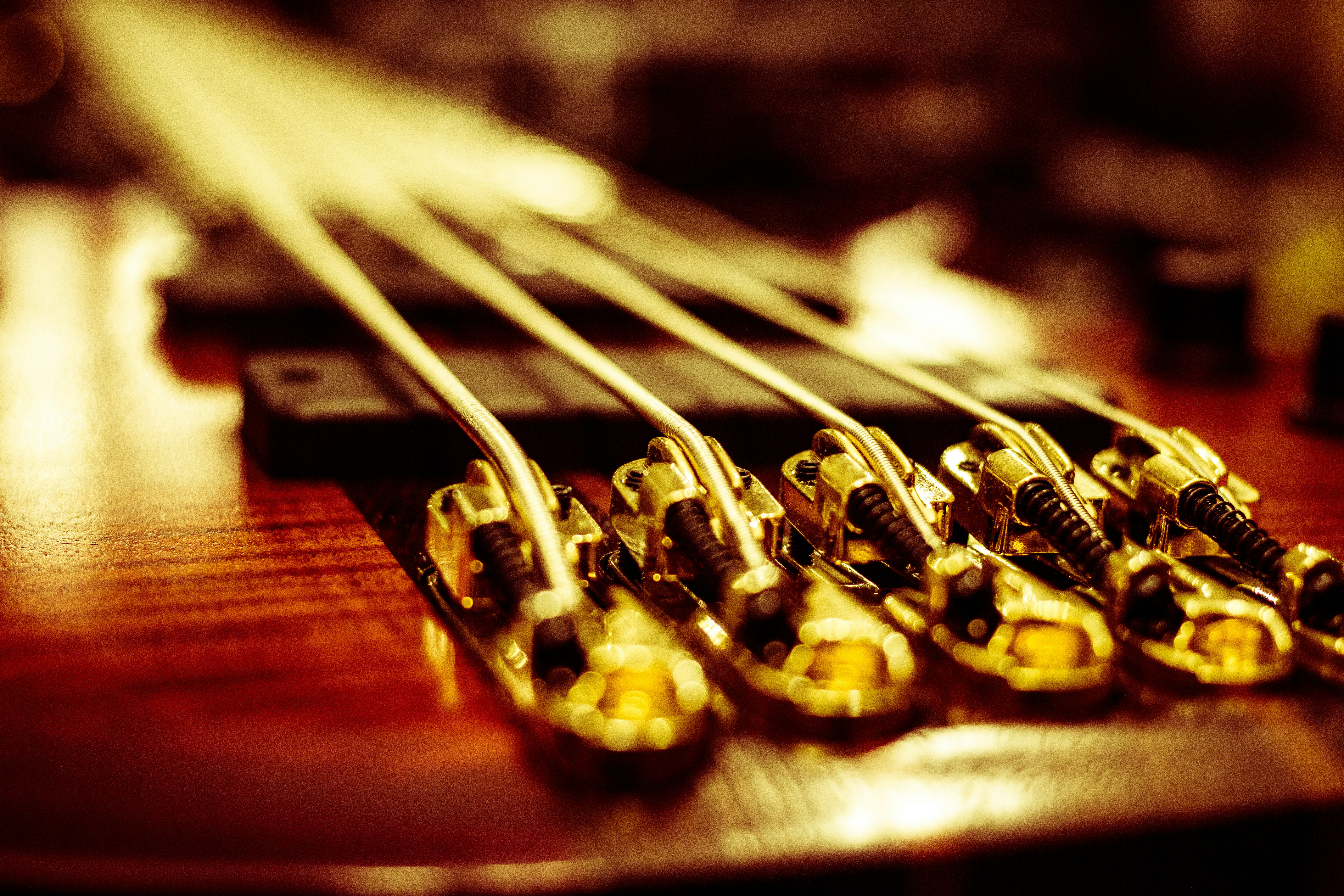 Strings of Time: A Close-Up of Golden Guitar Bridges