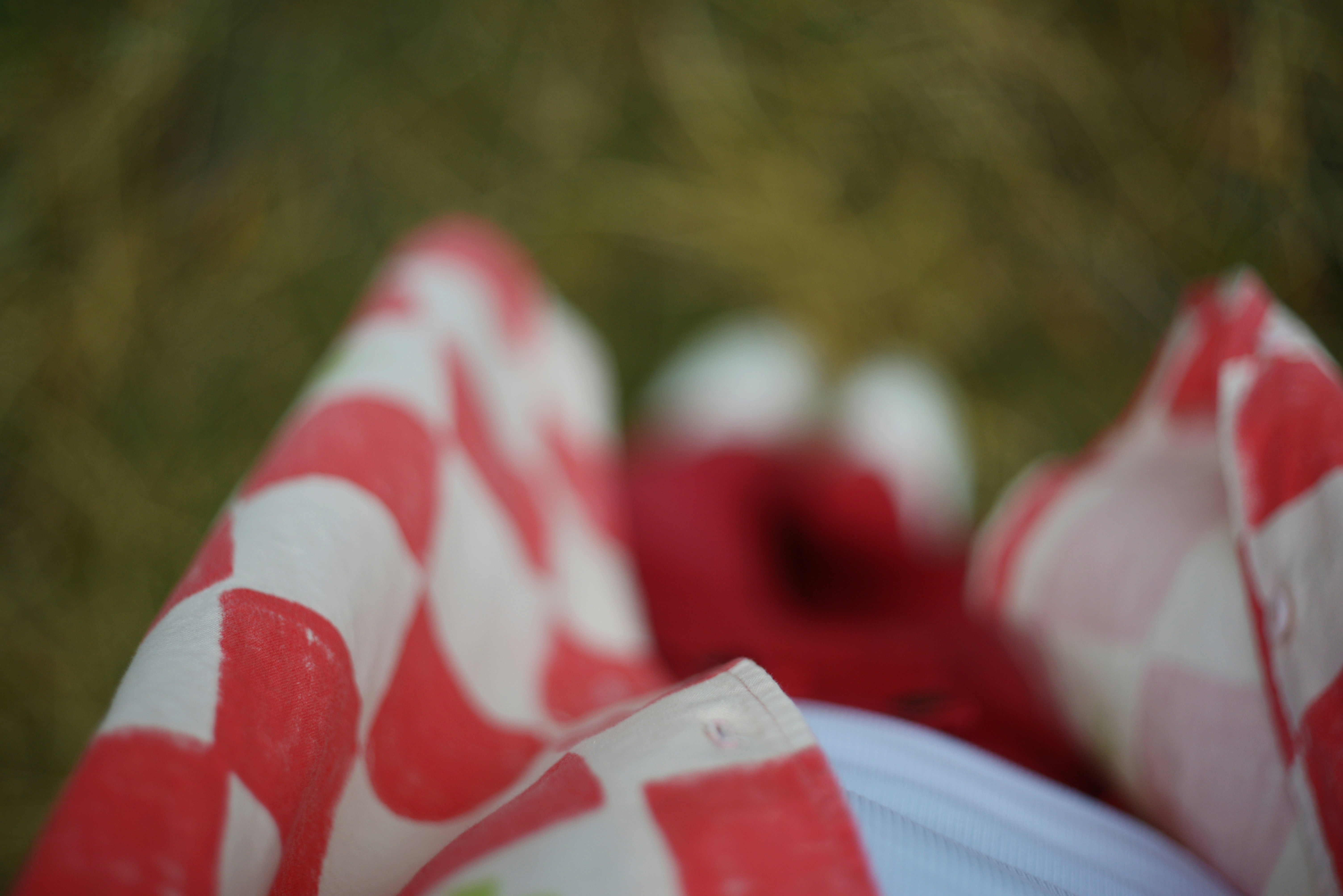 Red-and-White Textile Wave Over a Soft-Focused Point of View