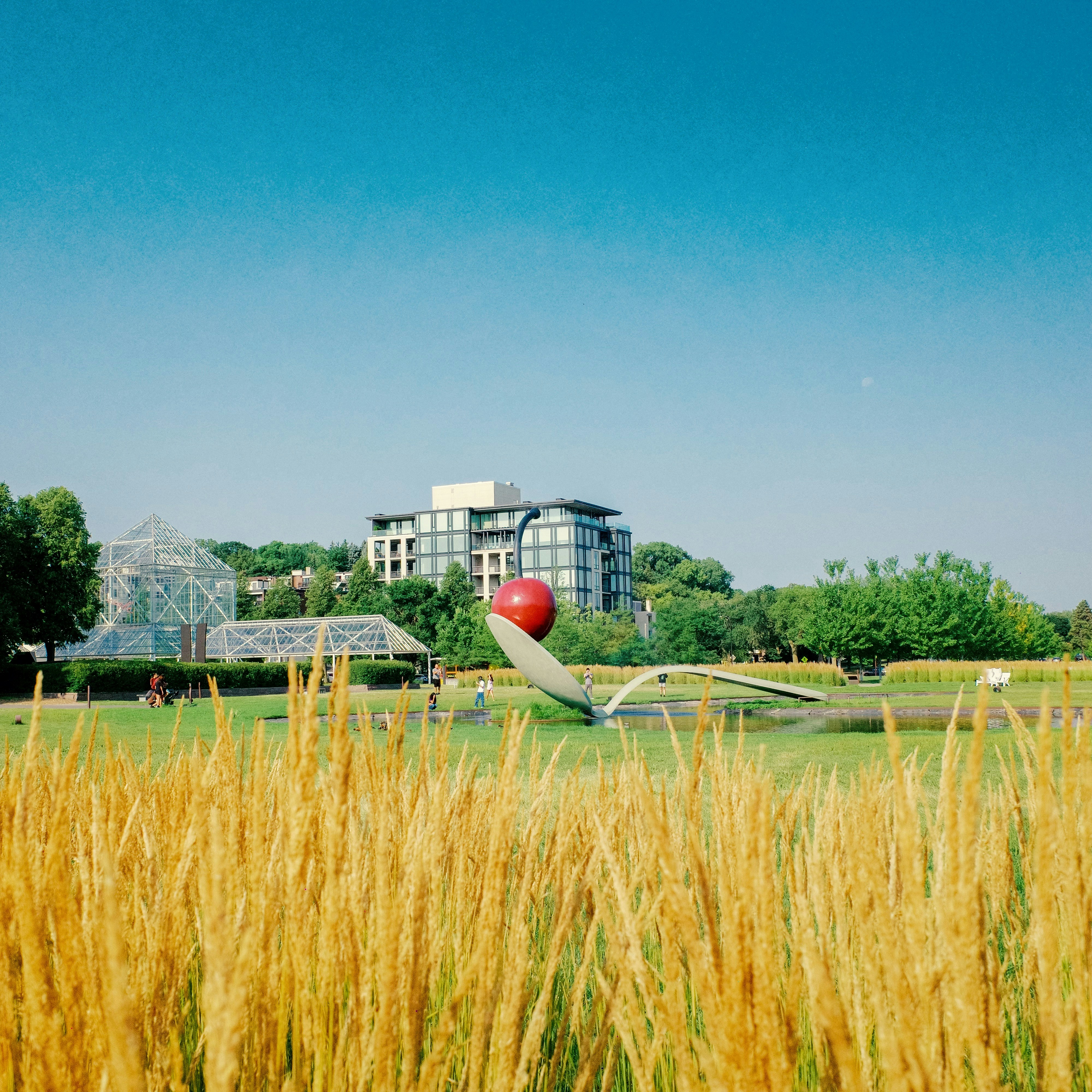 Wide park scene with a red spherical sculpture and geometric glass structures beside a modern building, framed by golden reeds and a clear blue sky.