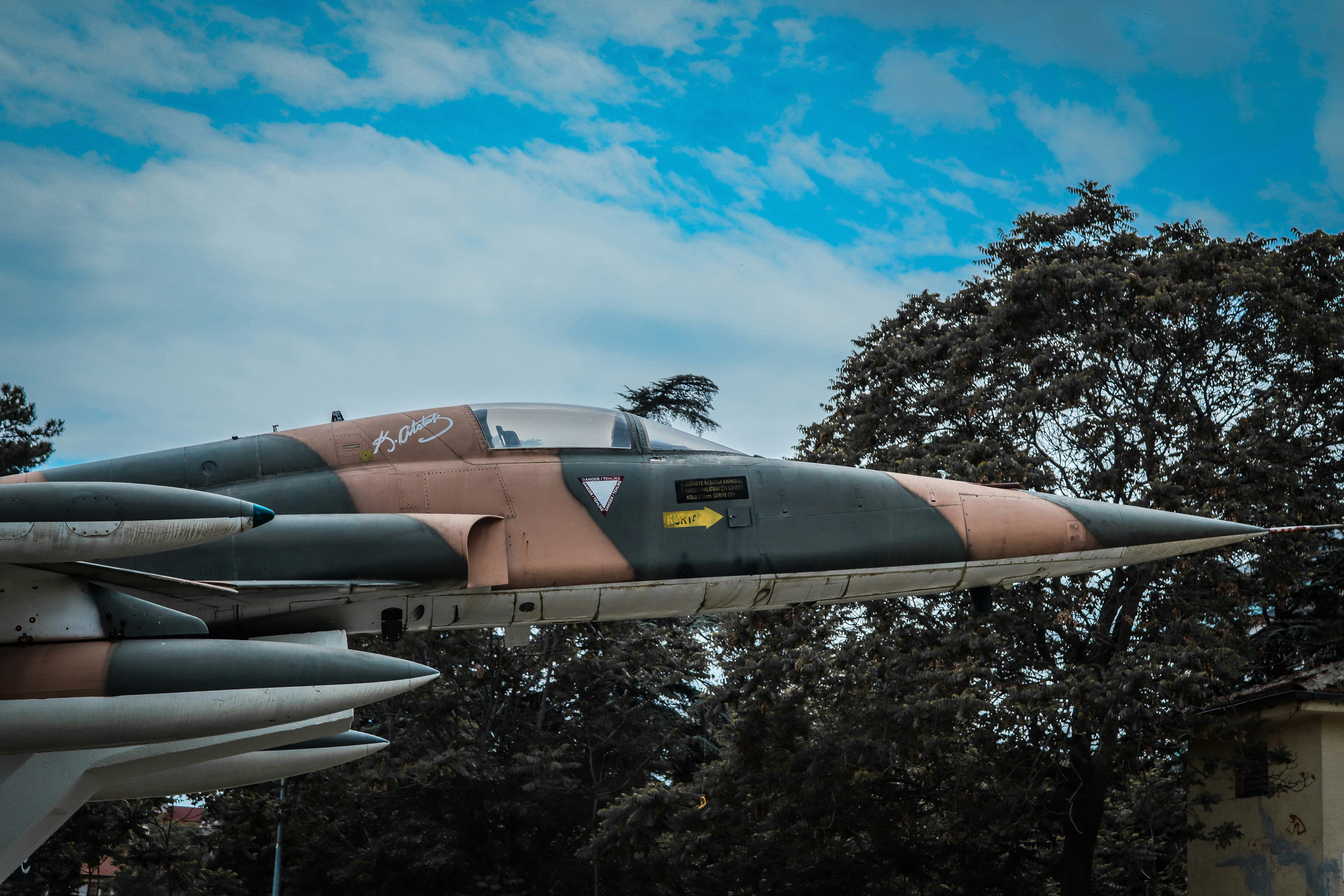 Airframe on Display: Camouflaged Jet Silhouette Against a Coastal Sky