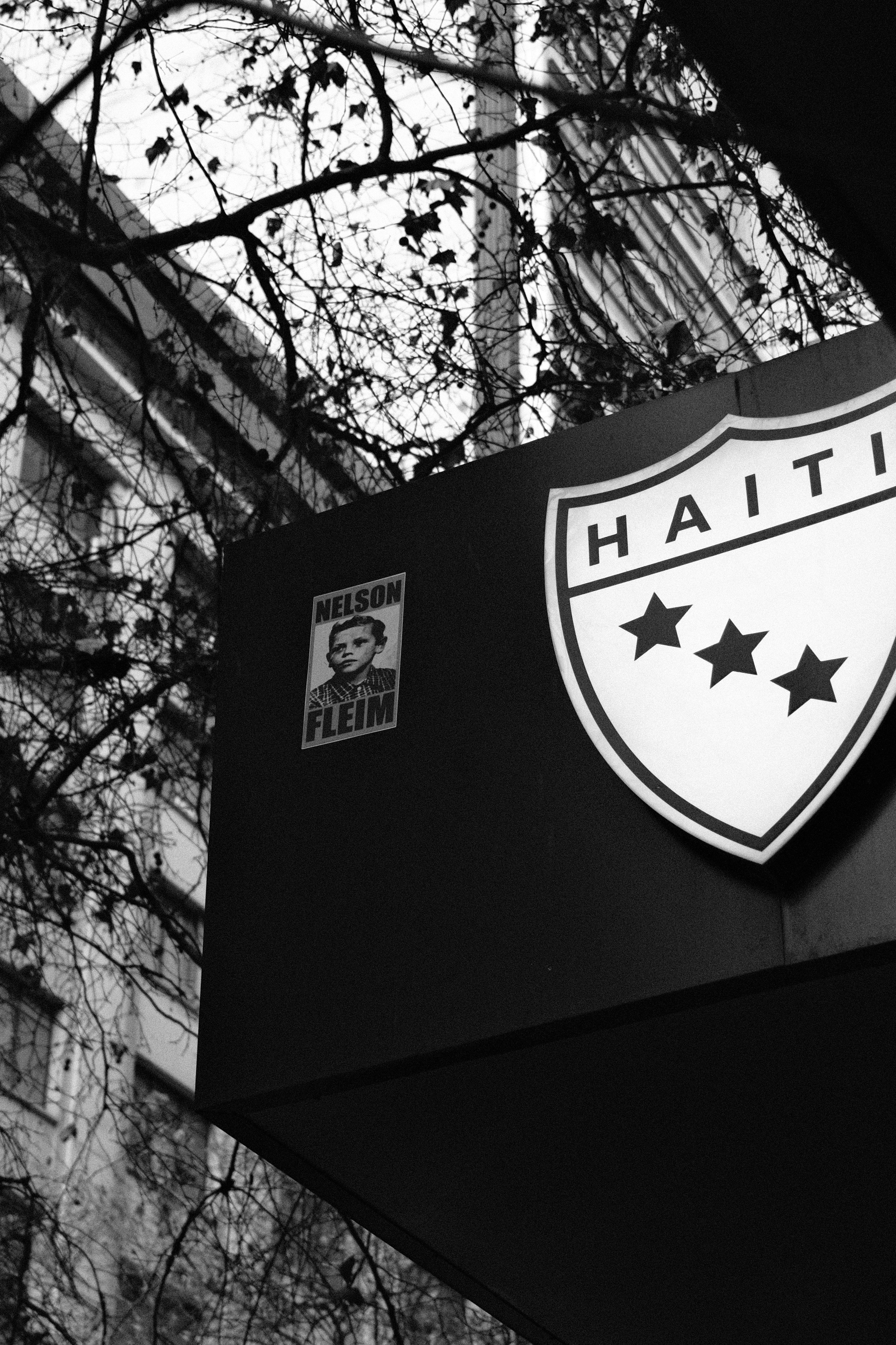 Urban Shield: Haiti Soccer Crest on a Nighttime Facade
