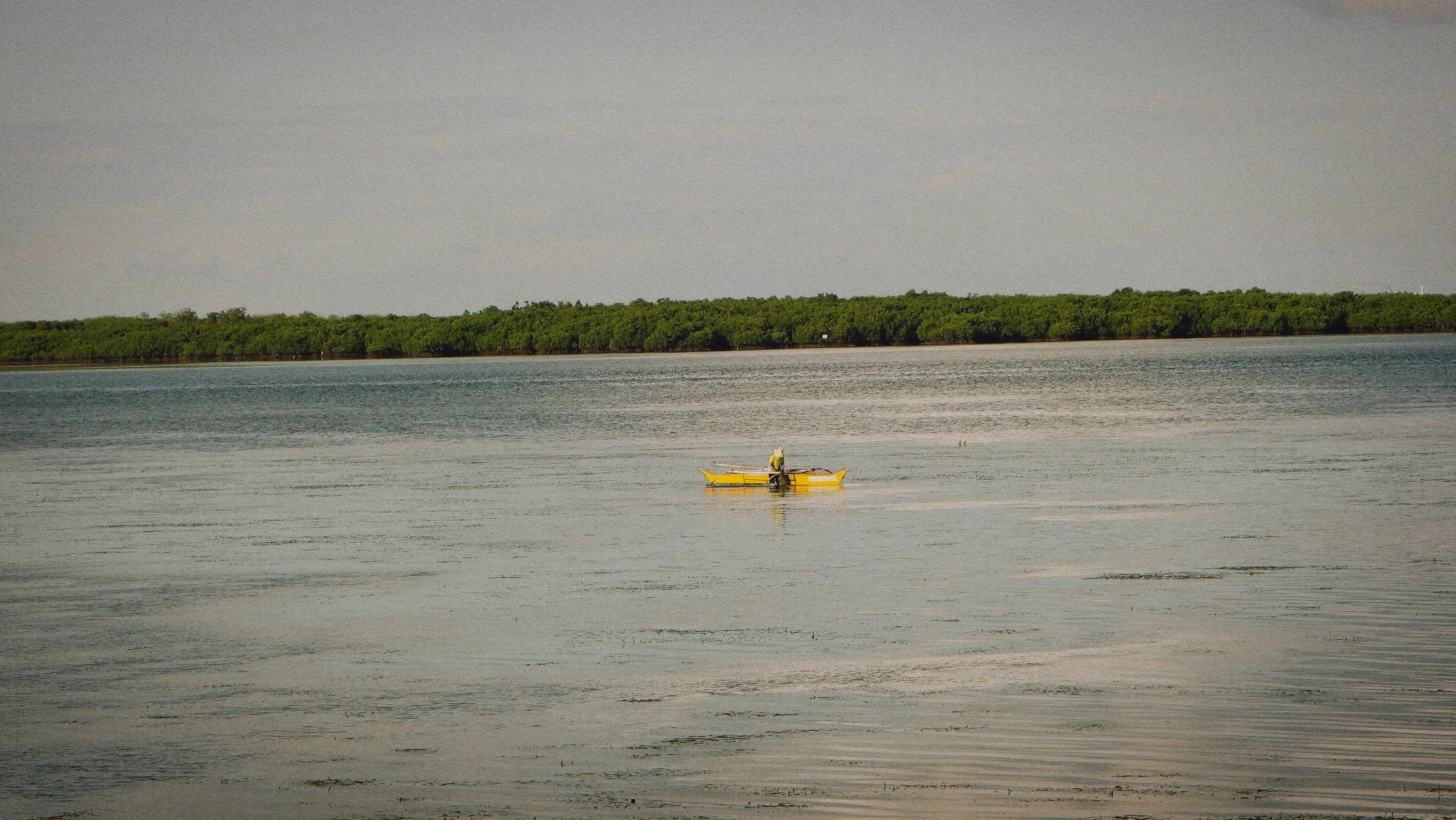 Yellow Boat on Calm River with Distant Greenbank