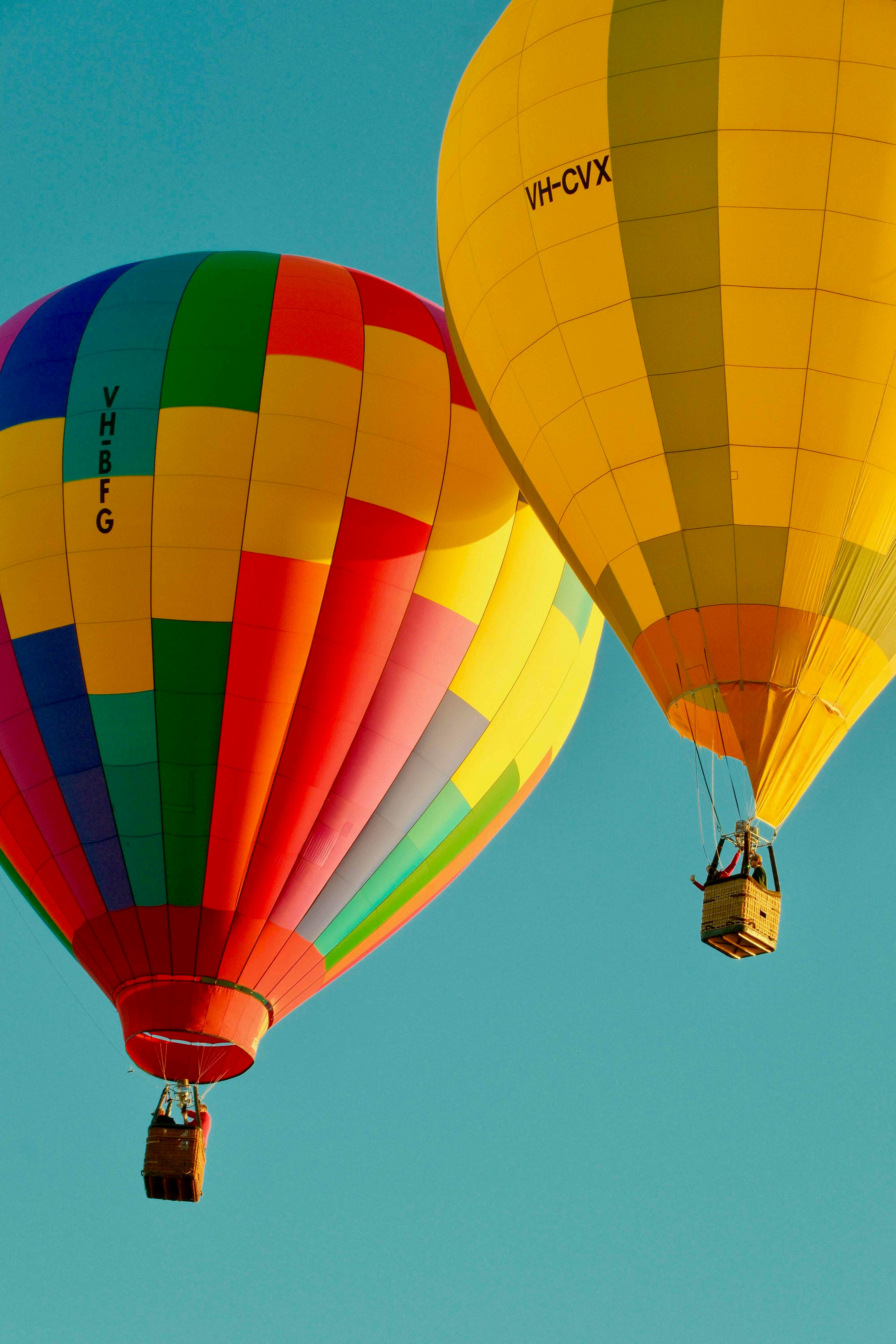Colorful ascent: two balloons drift against a clear sky