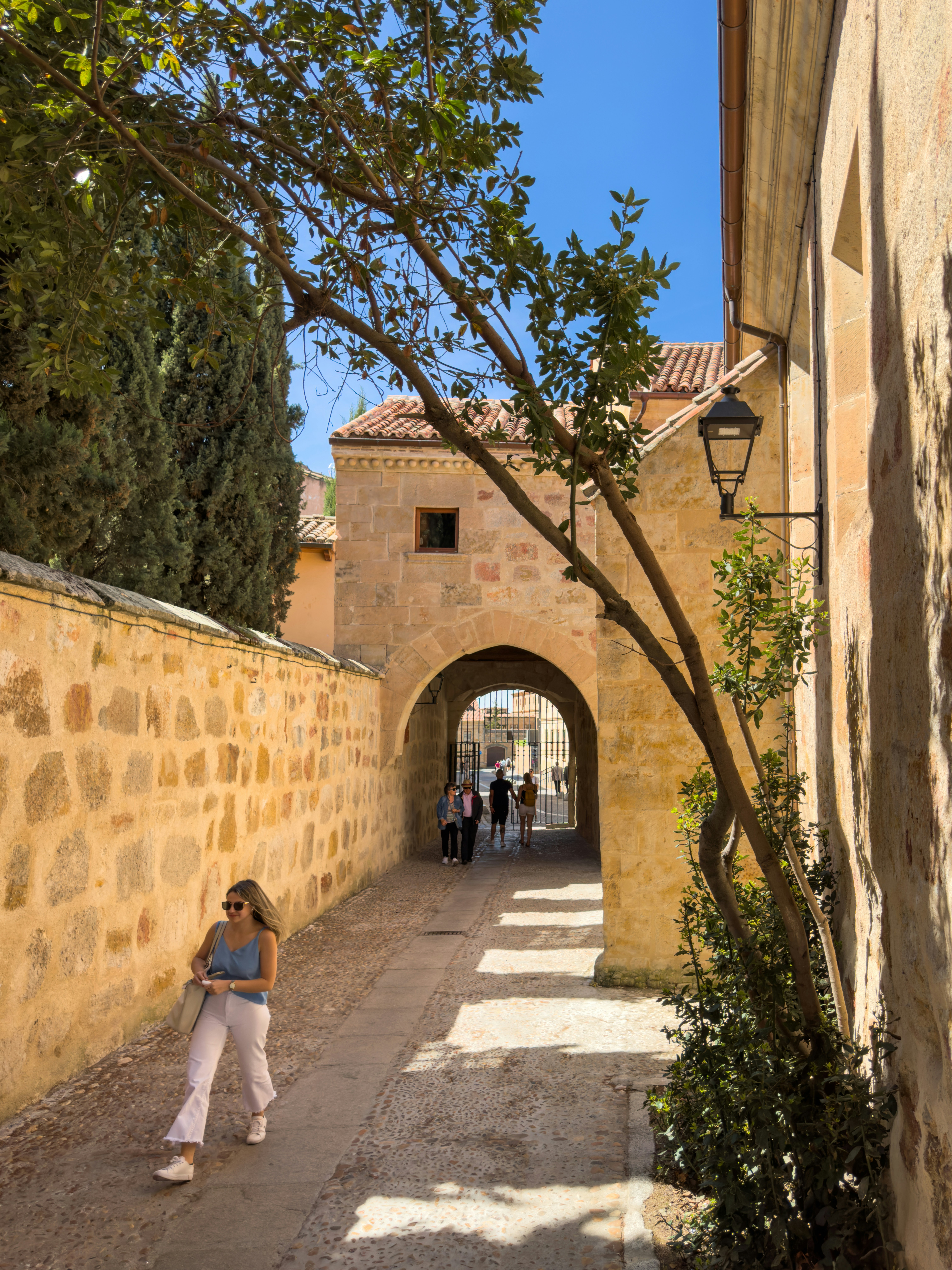 Sunlit Alley Through Historic Gateway