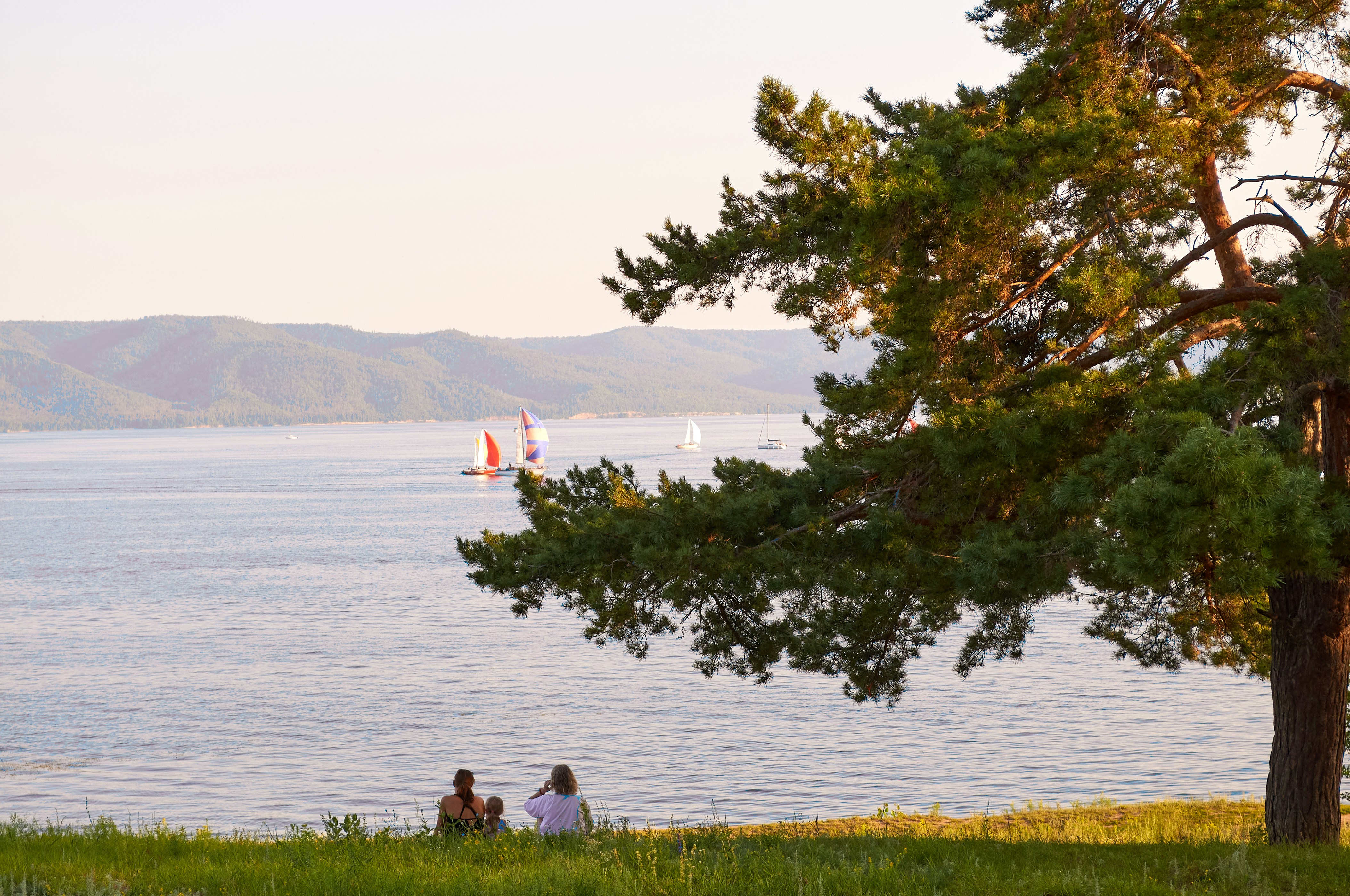 Quiet lakeside scene with distant sailboats and a shaded shoreline