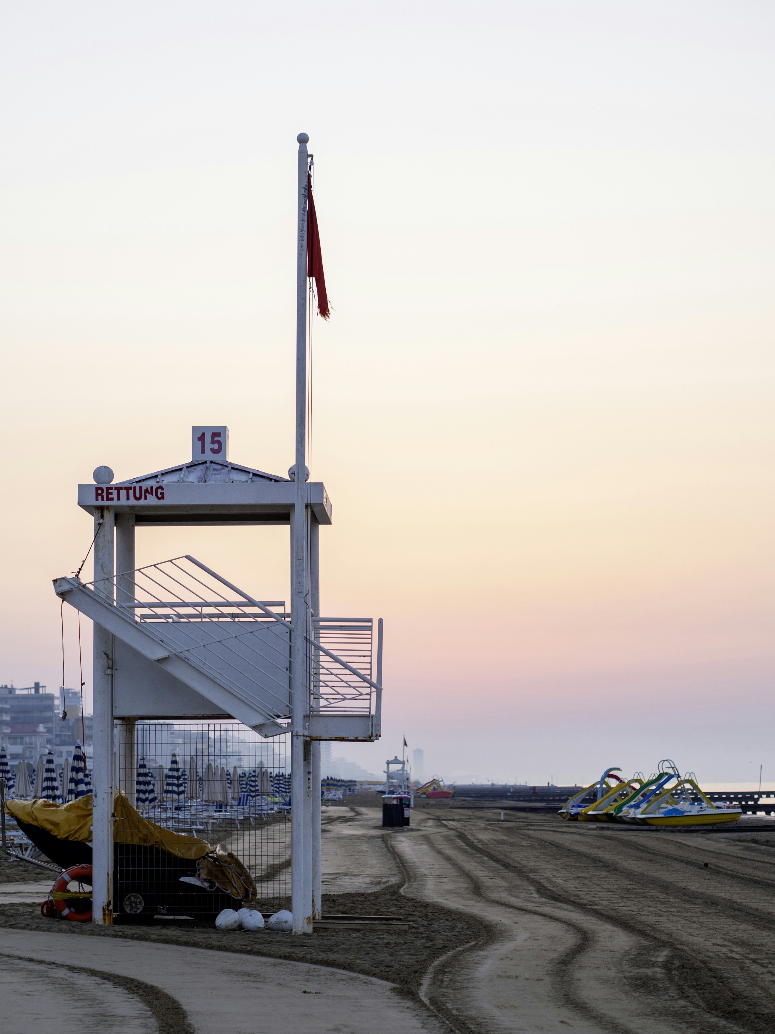 Lifeguard Staircase at Dusk on a Quiet Beach