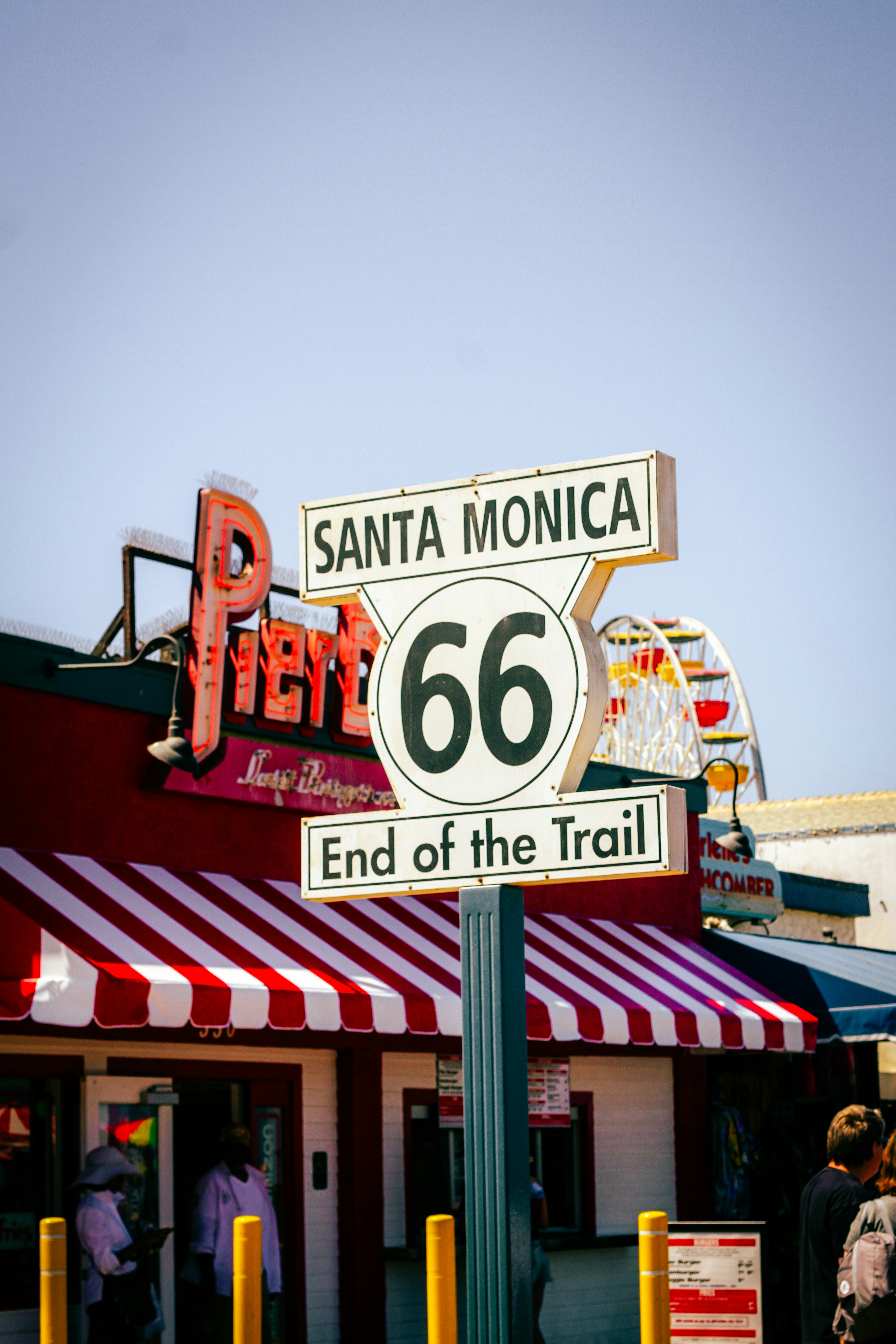 End of the Trail Signposts a Sunlit Santa Monica Arcade