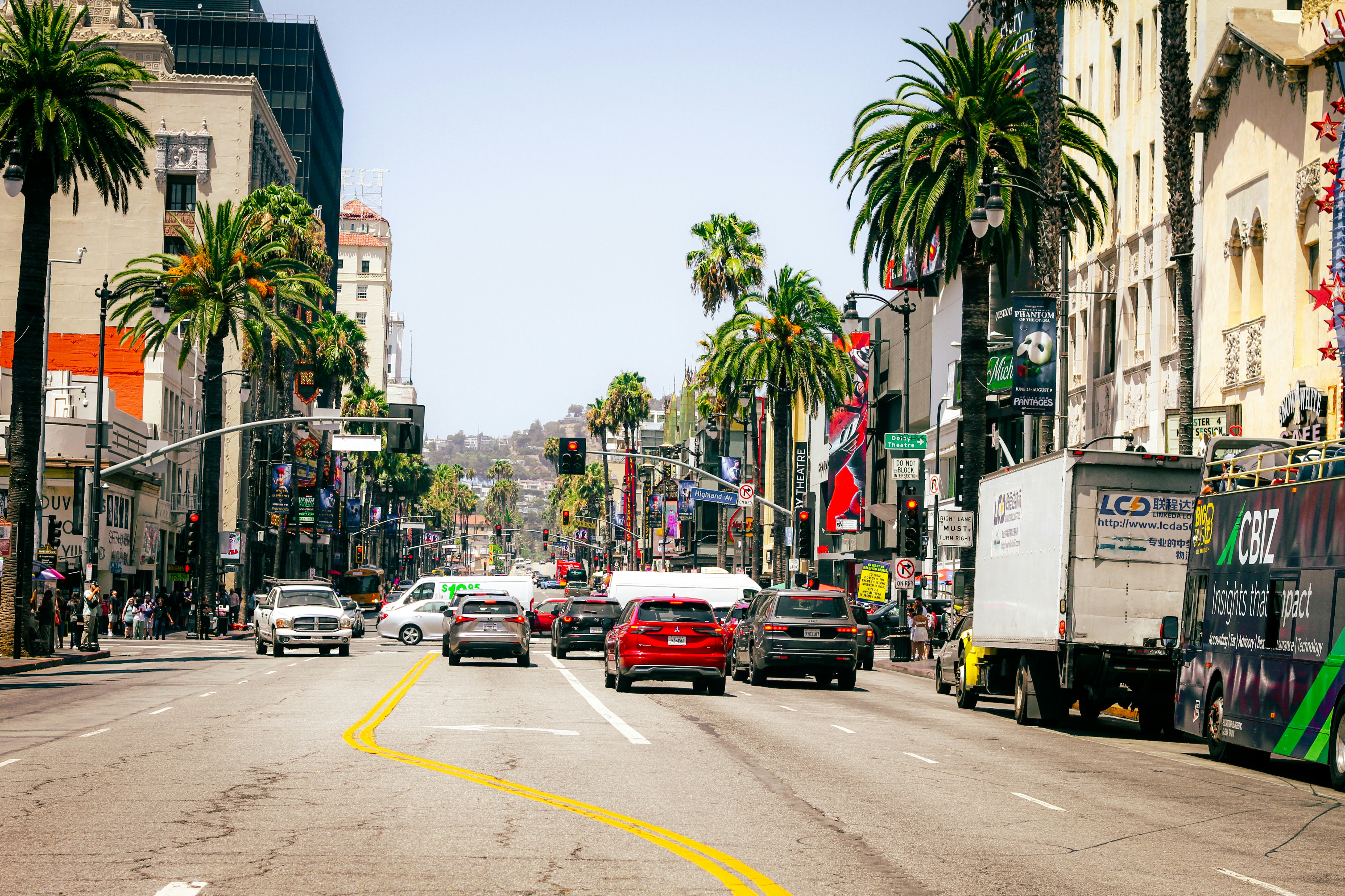 Palm-lined Sunset Boulevard: Cars, Trucks, and City Life in Motion