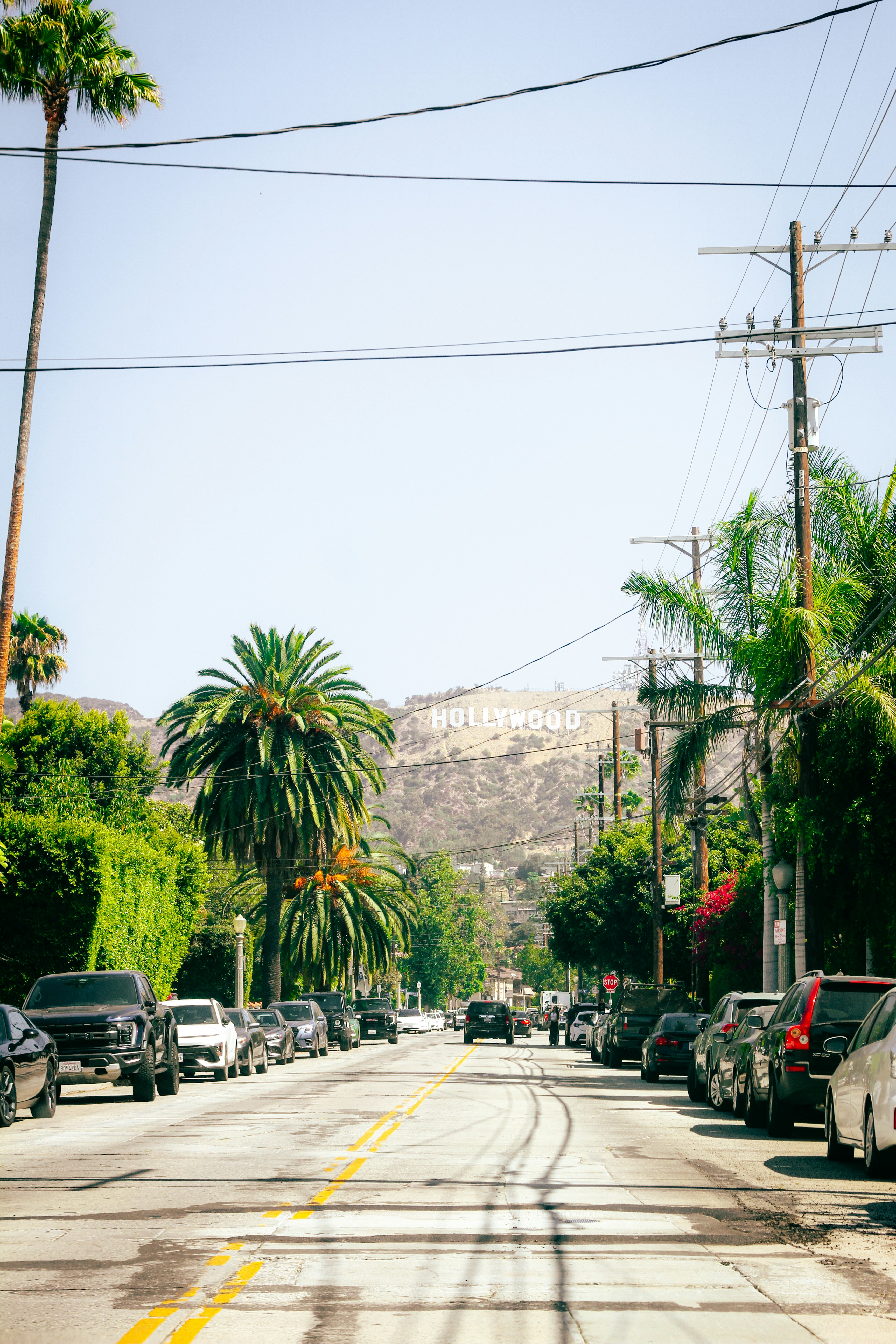 Sunlit Sunset Boulevard: The Hollywood Sign in Quiet Street View