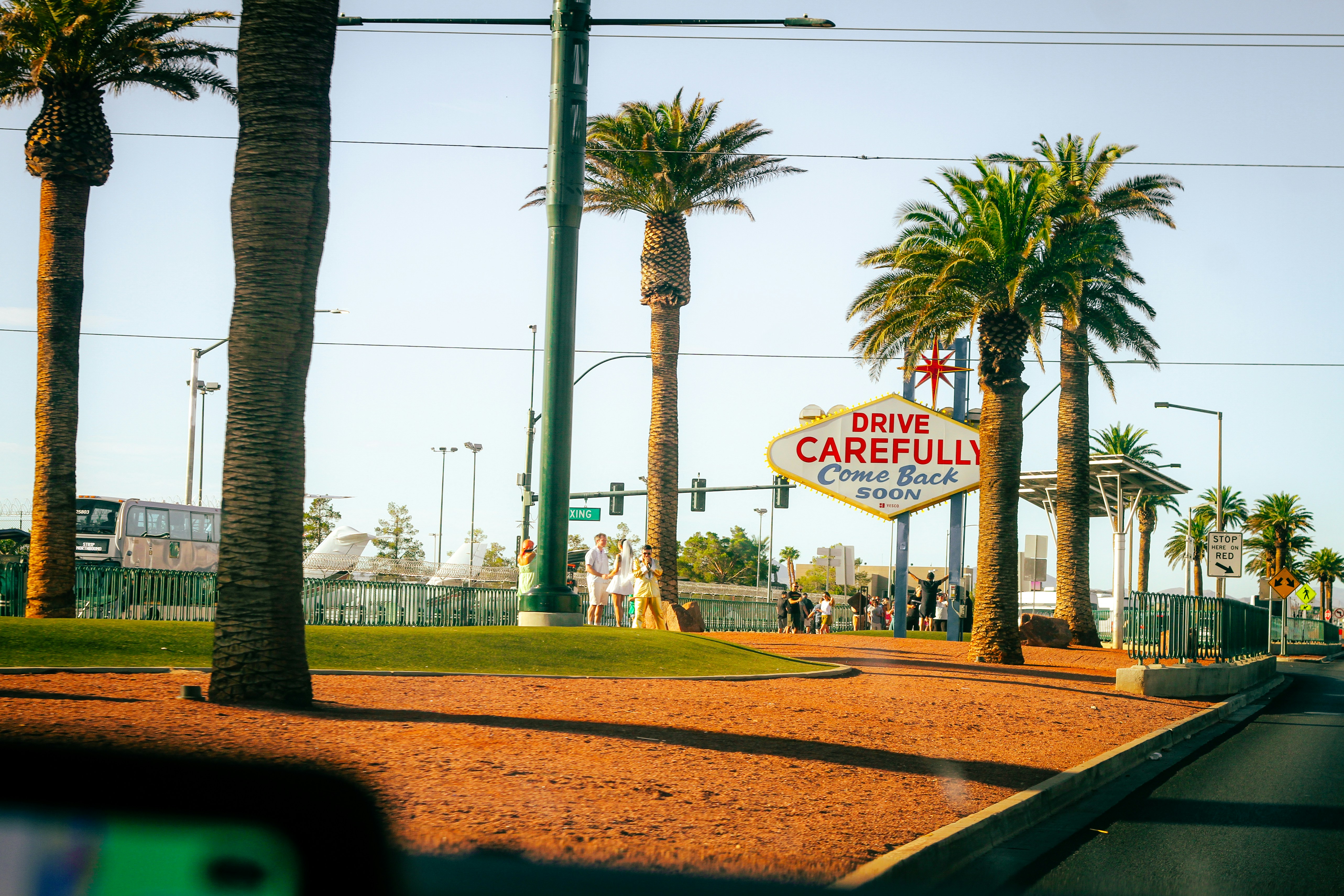 Sunlit Promenade: Palm Trees, Vintage Drive-In Sign, and Coastal Path
