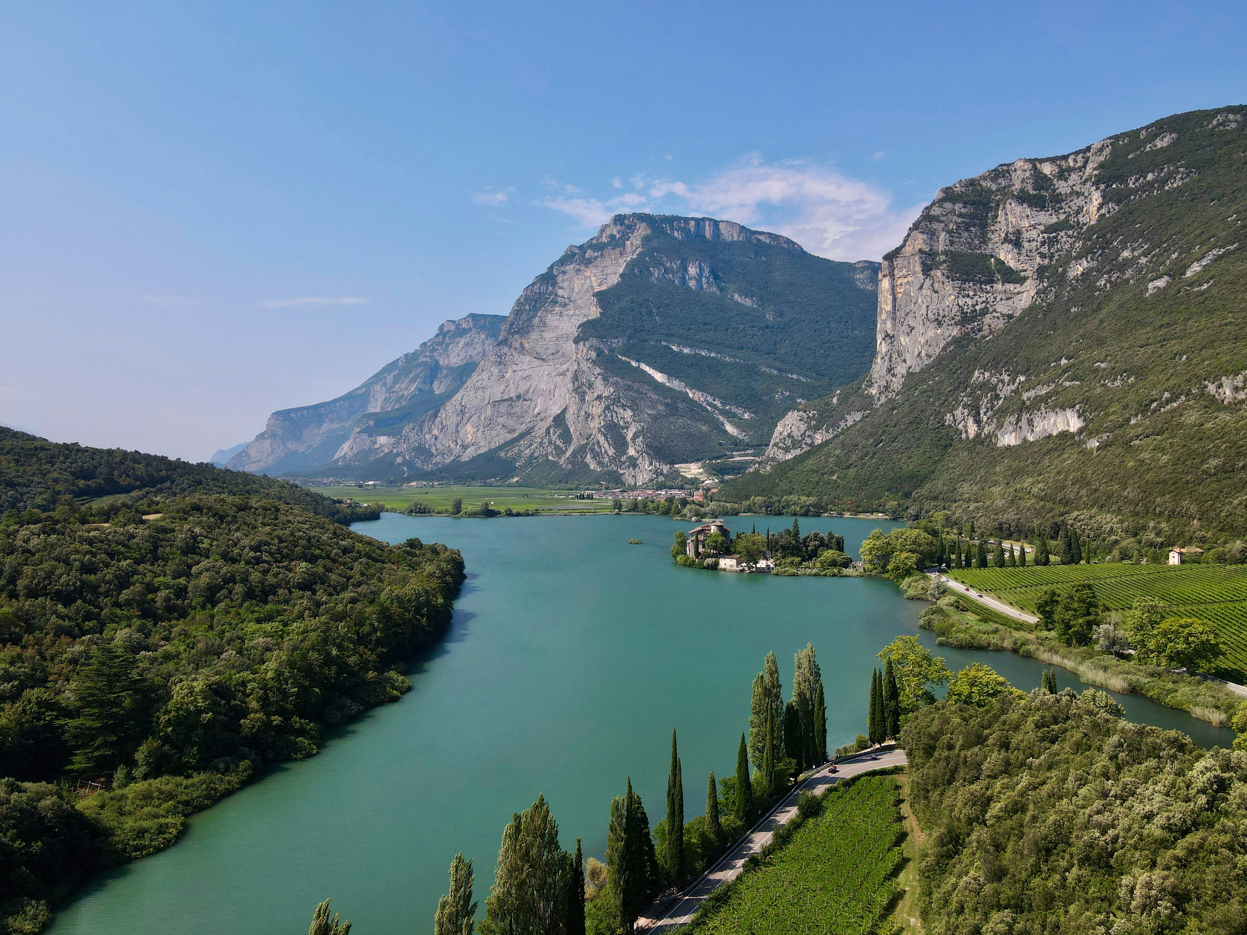 Wide river winds between forested banks with towering limestone cliffs in the background; a small settlement sits along the shore, framed by a manicured vineyard-lined foreground.
