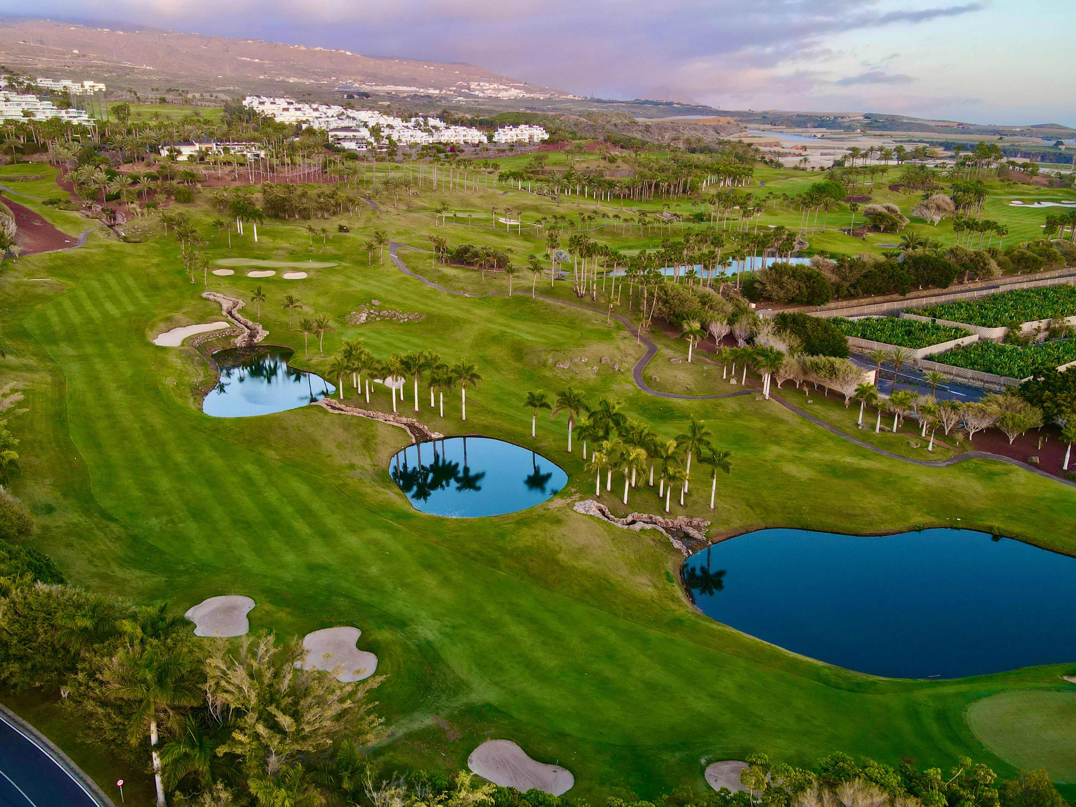 Wide-angle aerial view of a pristine golf course with rolling fairways, multiple blue ponds, and clusters of palm trees under a soft, late-day sky.