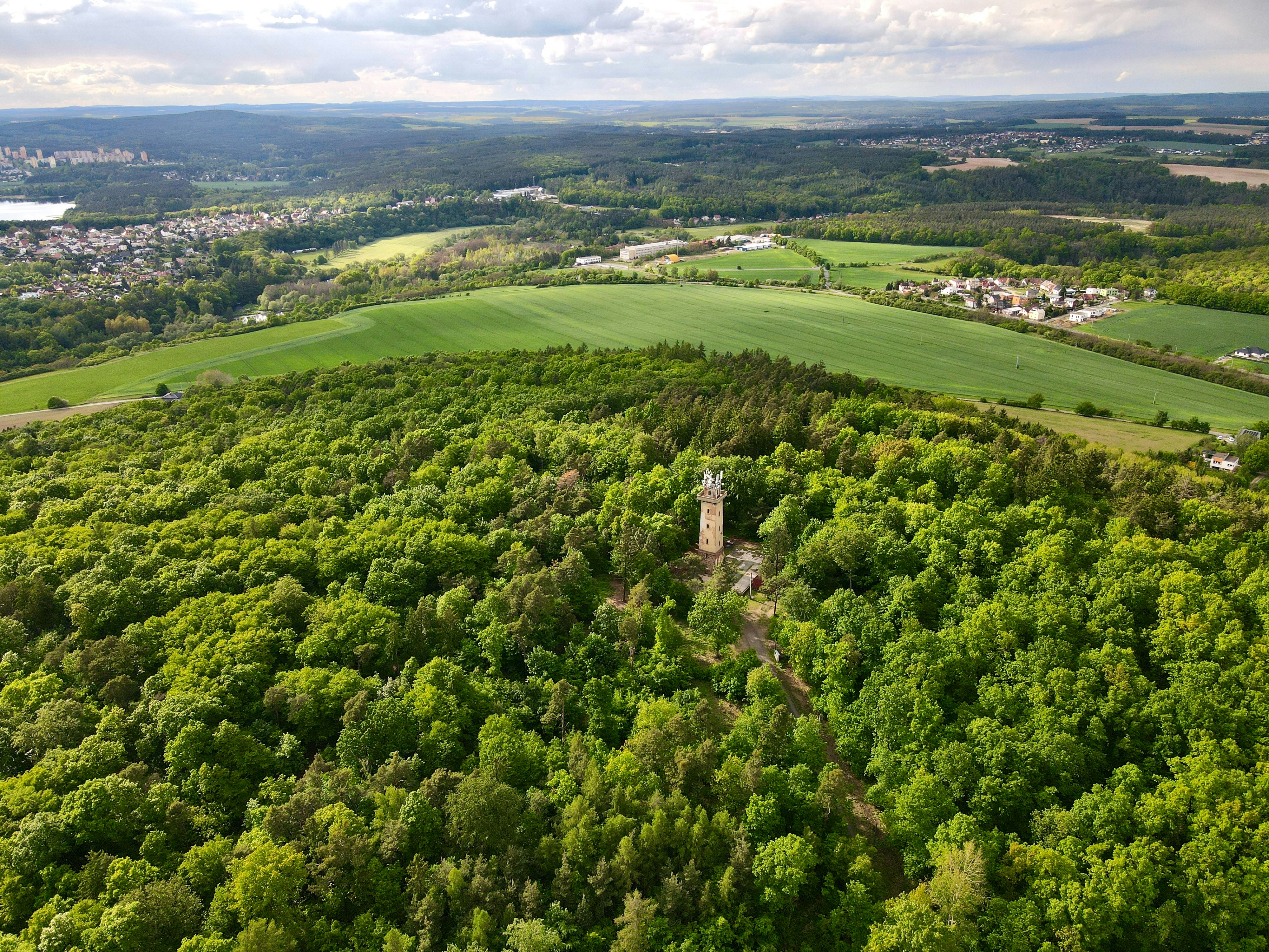A lone historic tower rising from a verdant forest amidst patchwork fields