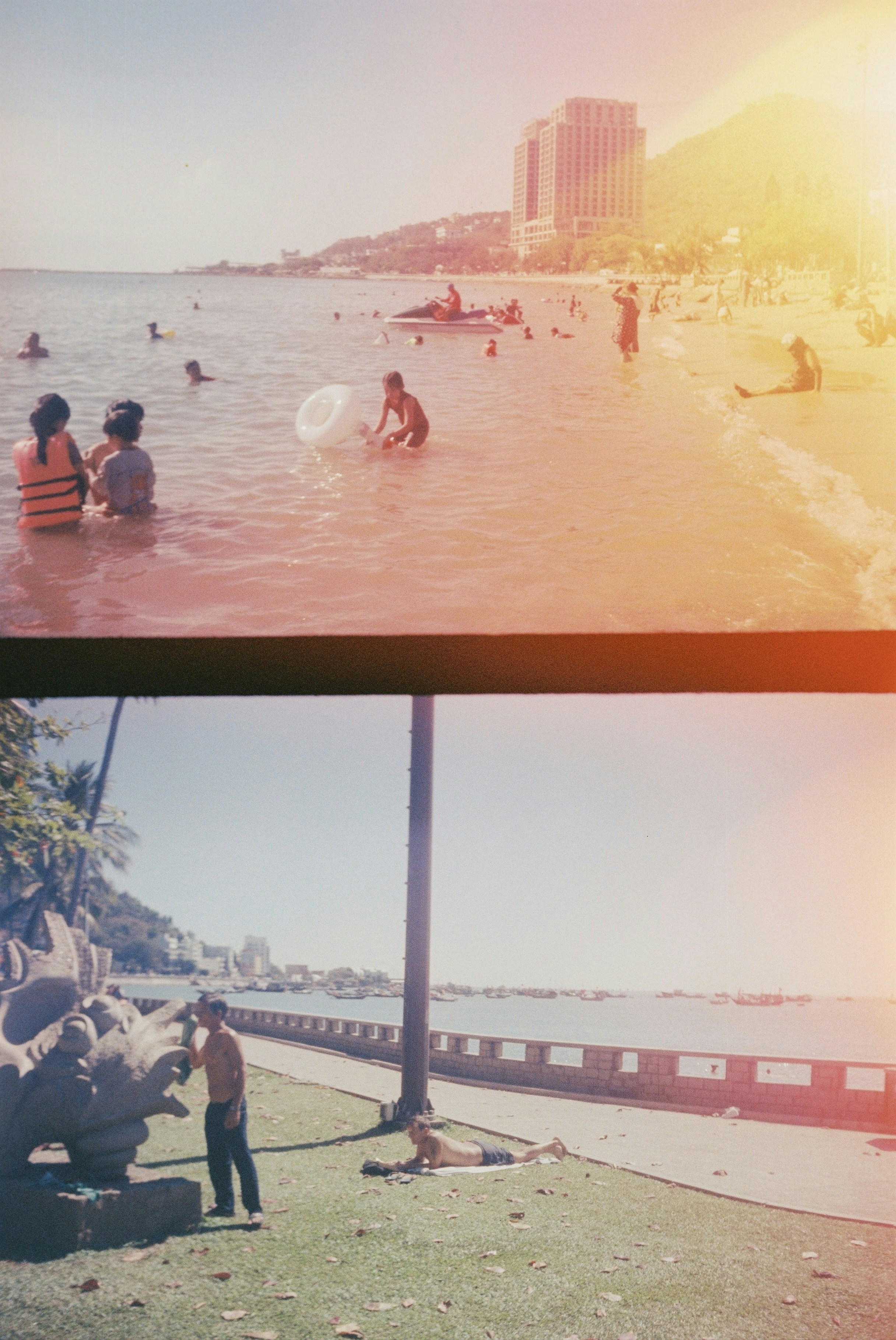 Split Beach Scene: Sunlit Sea and Park by the Tide