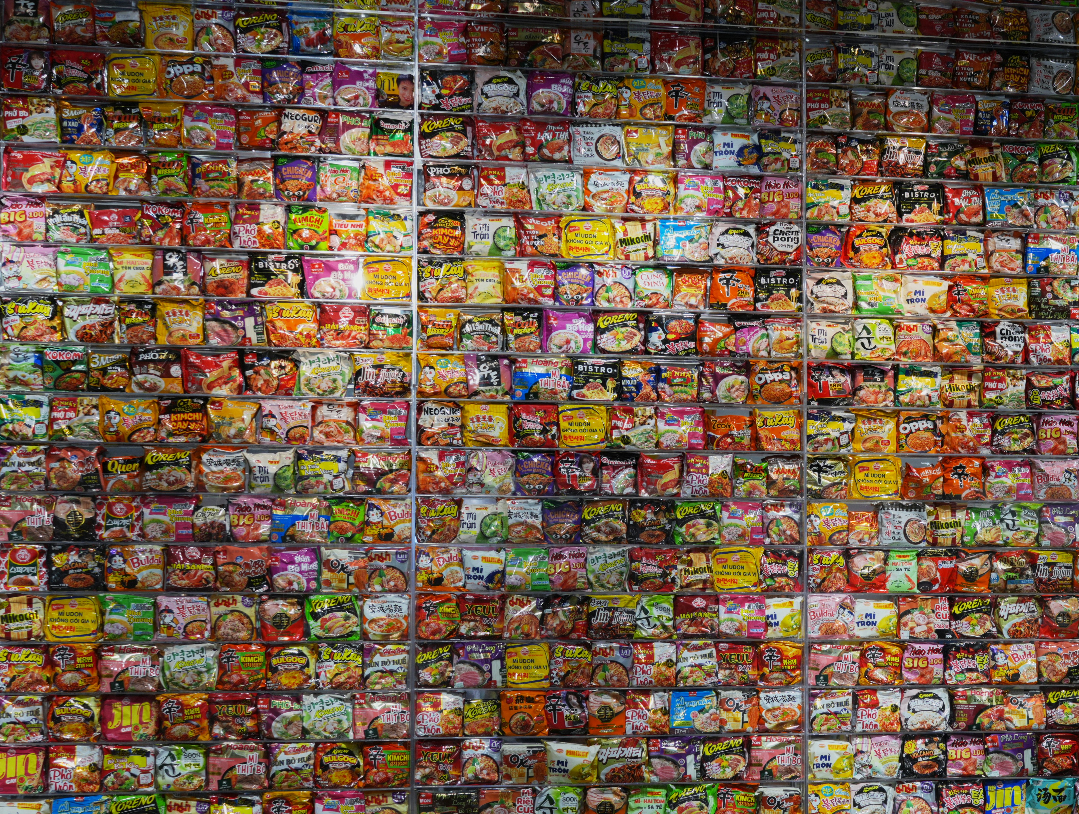 Mosaic of Snackable Colors: A Wall of Packaged Treats