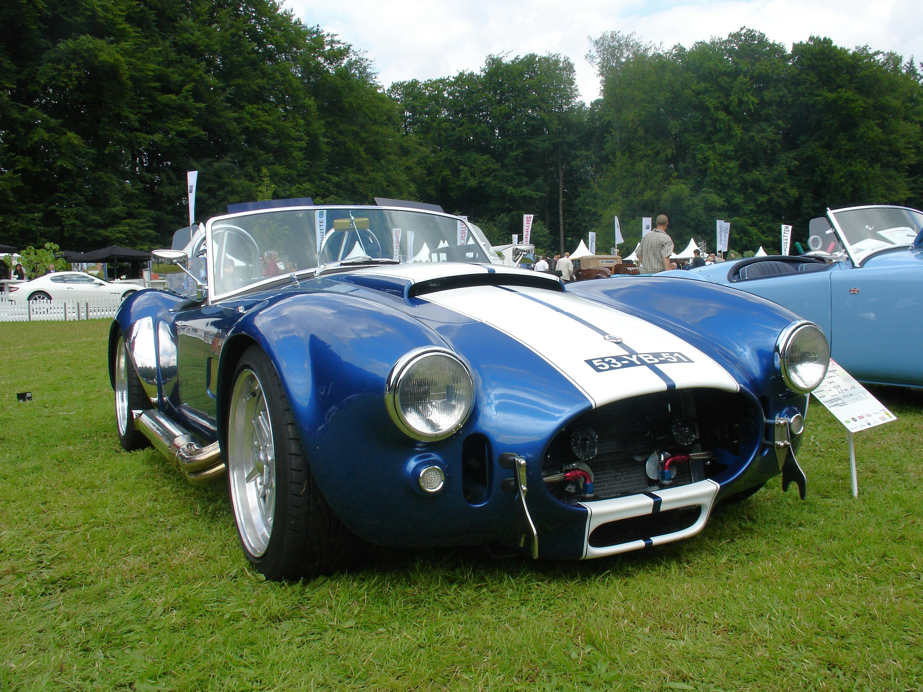 Blue Cobra at Rest: Classic Sports Car on a Grassy Show Field