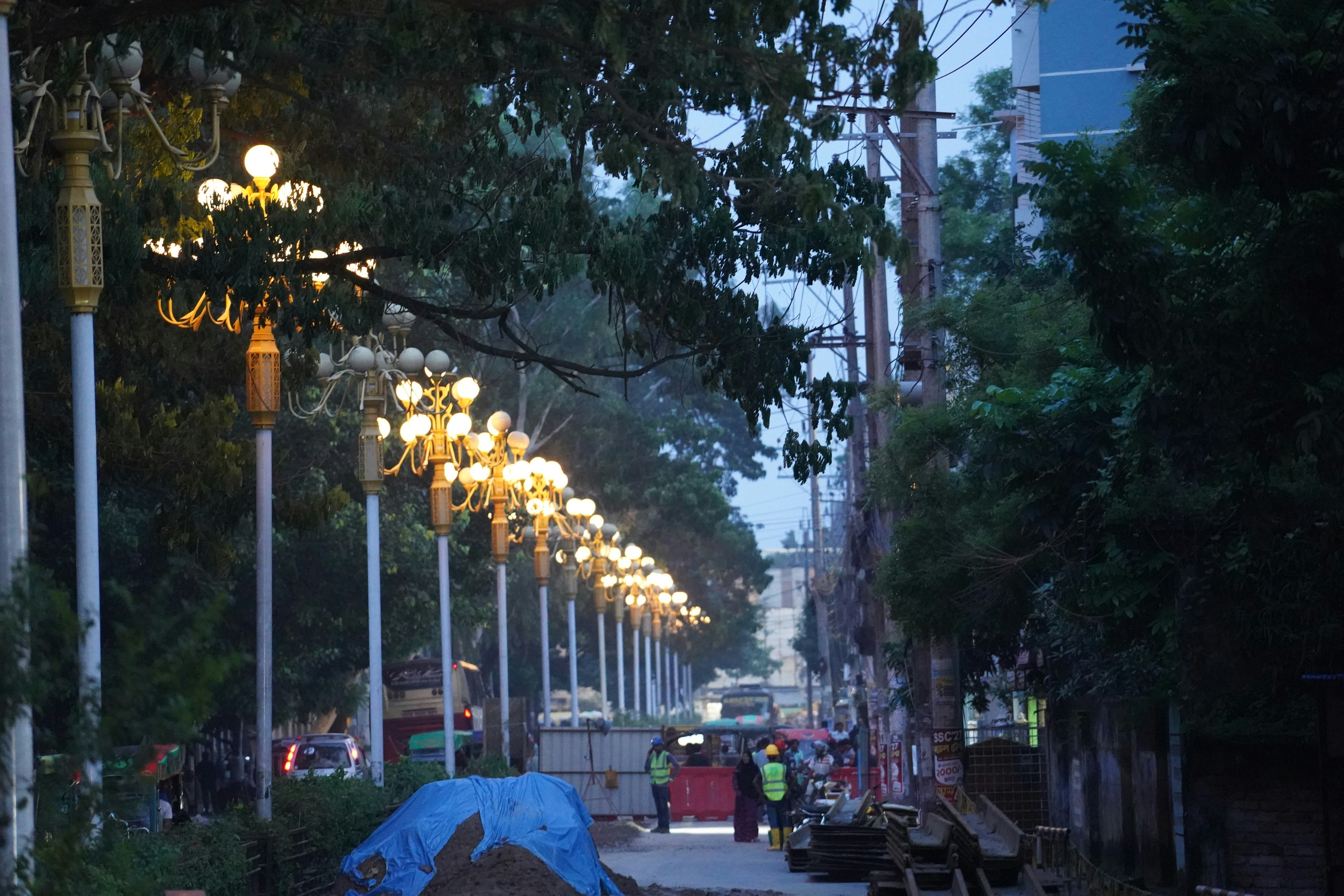 Evening Lanterns Lead the Way Down an Urban Lane