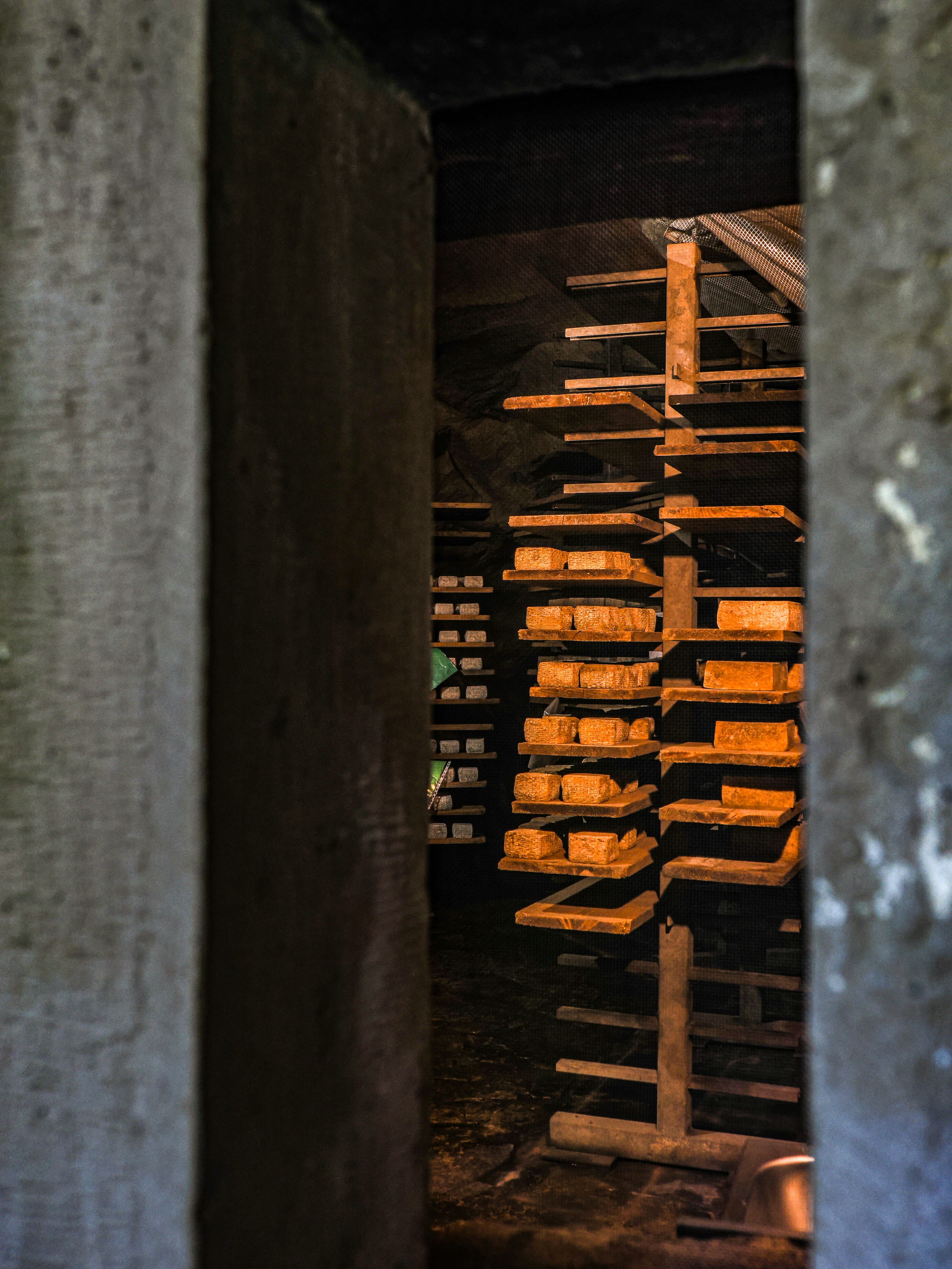 Wooden Racks in a Dim Bakehouse