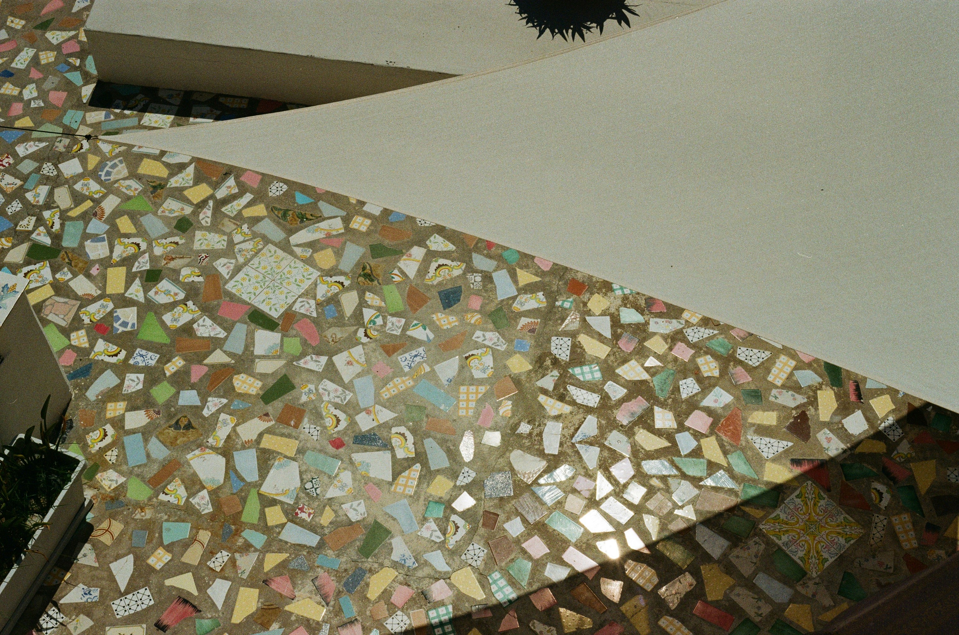 Tileed Terrace Angles: Mosaic Steps Under a Desert Sky